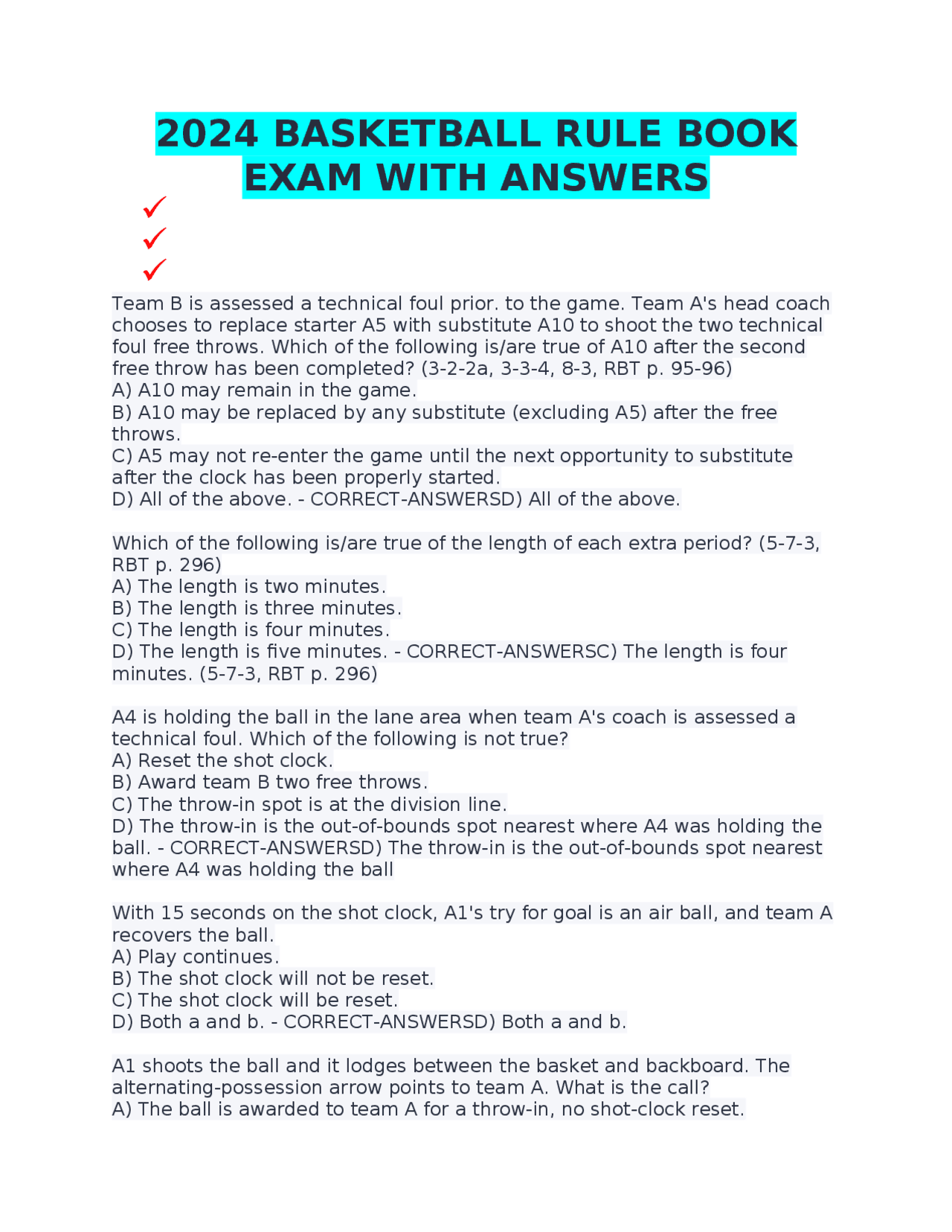 2024 BASKETBALL RULE BOOK EXAM WITH ANSWERS | Exams Advanced Education | Docsity