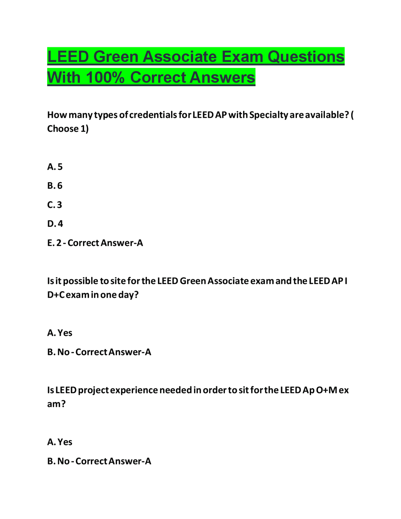 LEED Green Associate Exam Questions and Answers | Exams Advanced ...