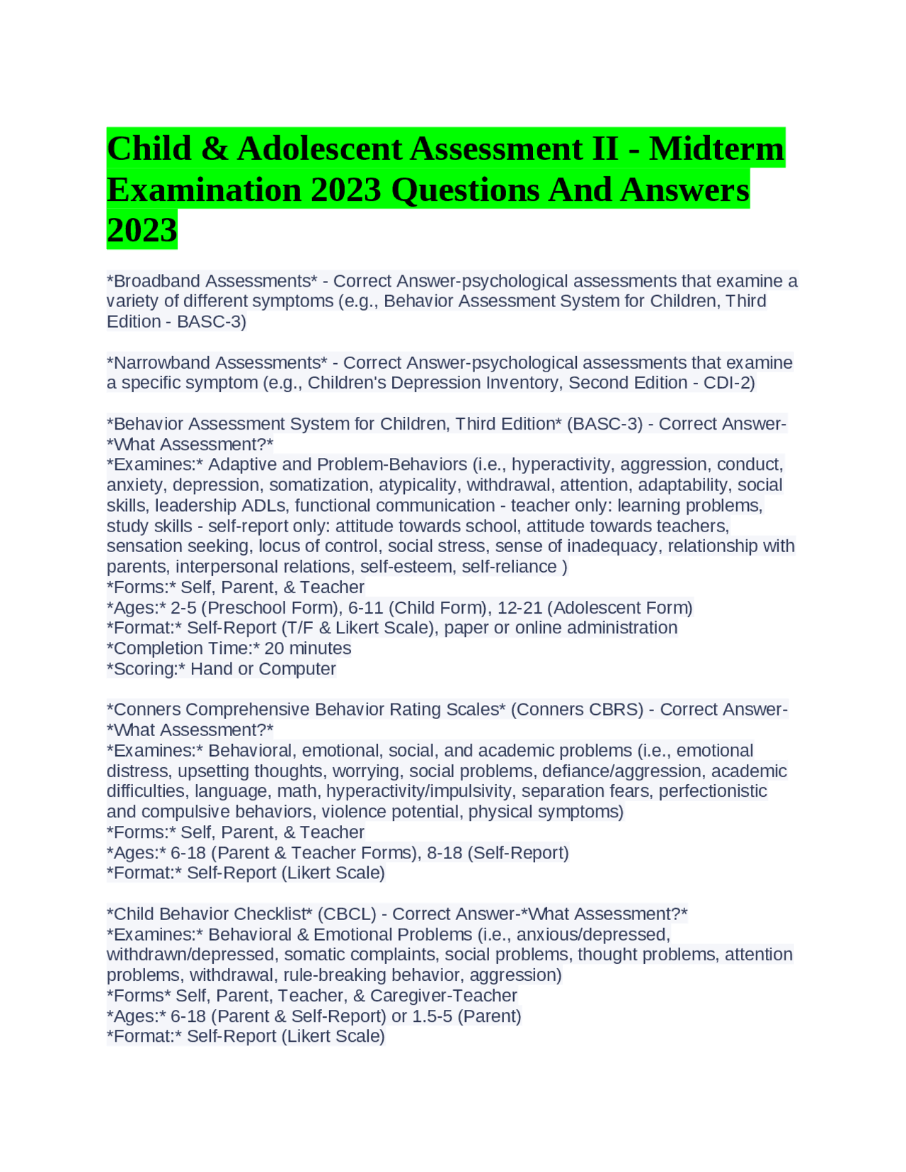 Child & Adolescent Assessment II - Midterm Examination 2023: Questions ...