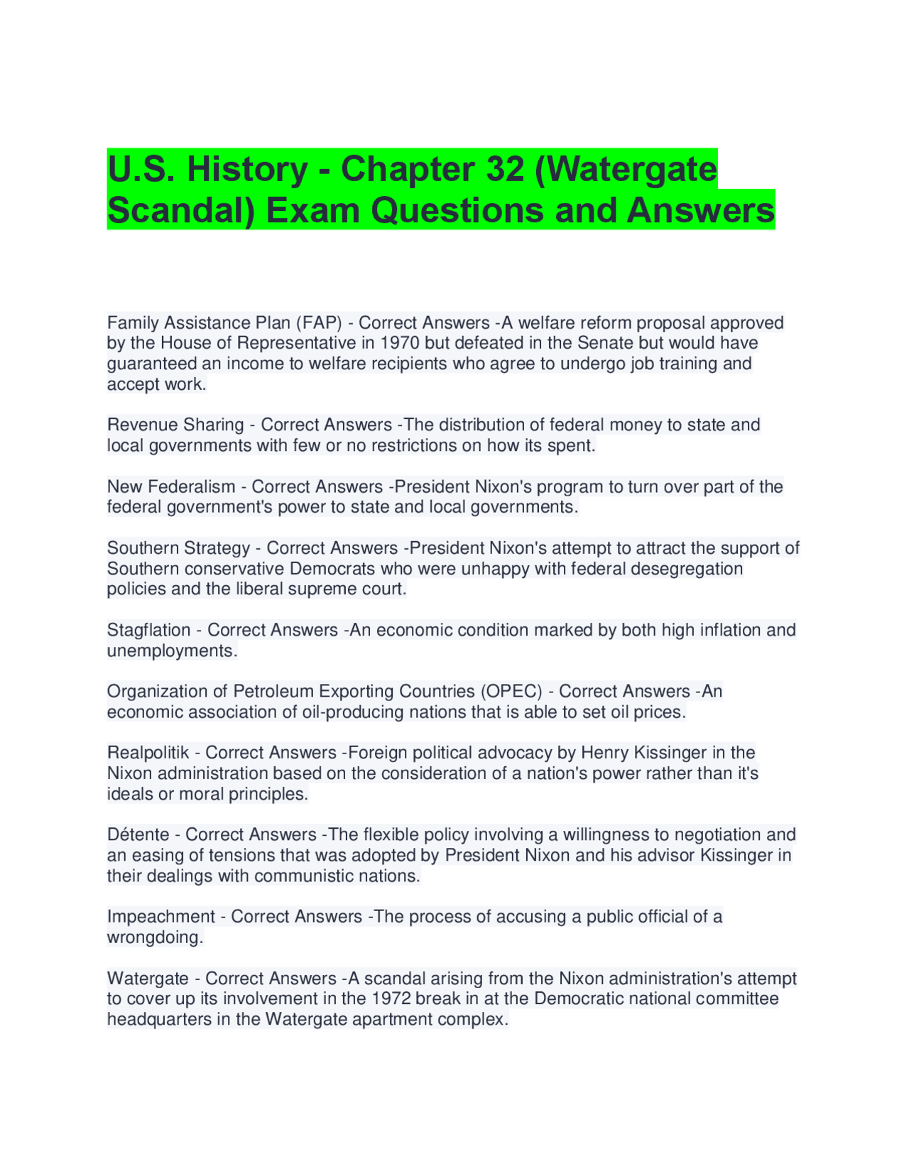 U.S. History - Chapter 32 (Watergate Scandal) Exam Questions and ...