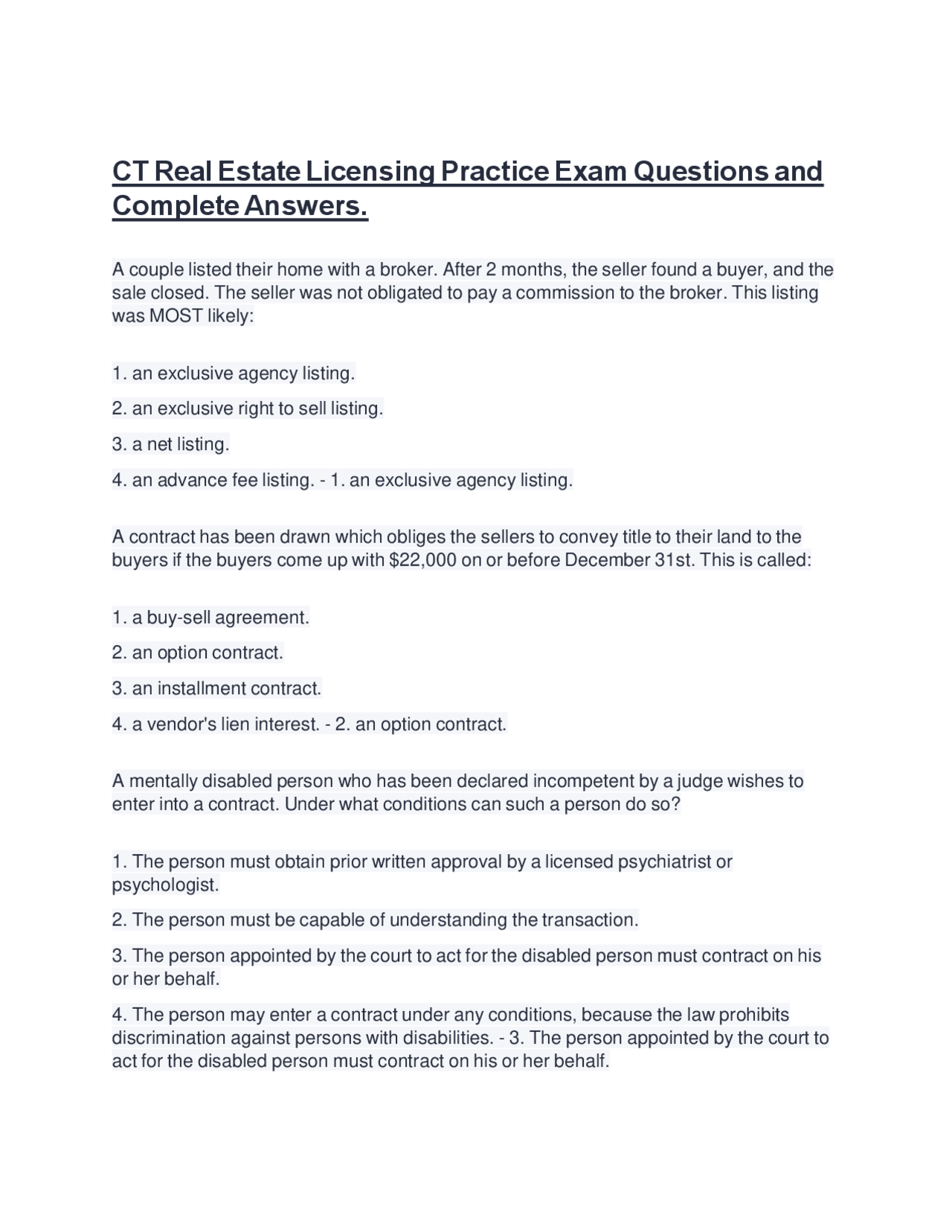 Real Estate Licensing Practice Exam Questions and Answers | Exams Real ...