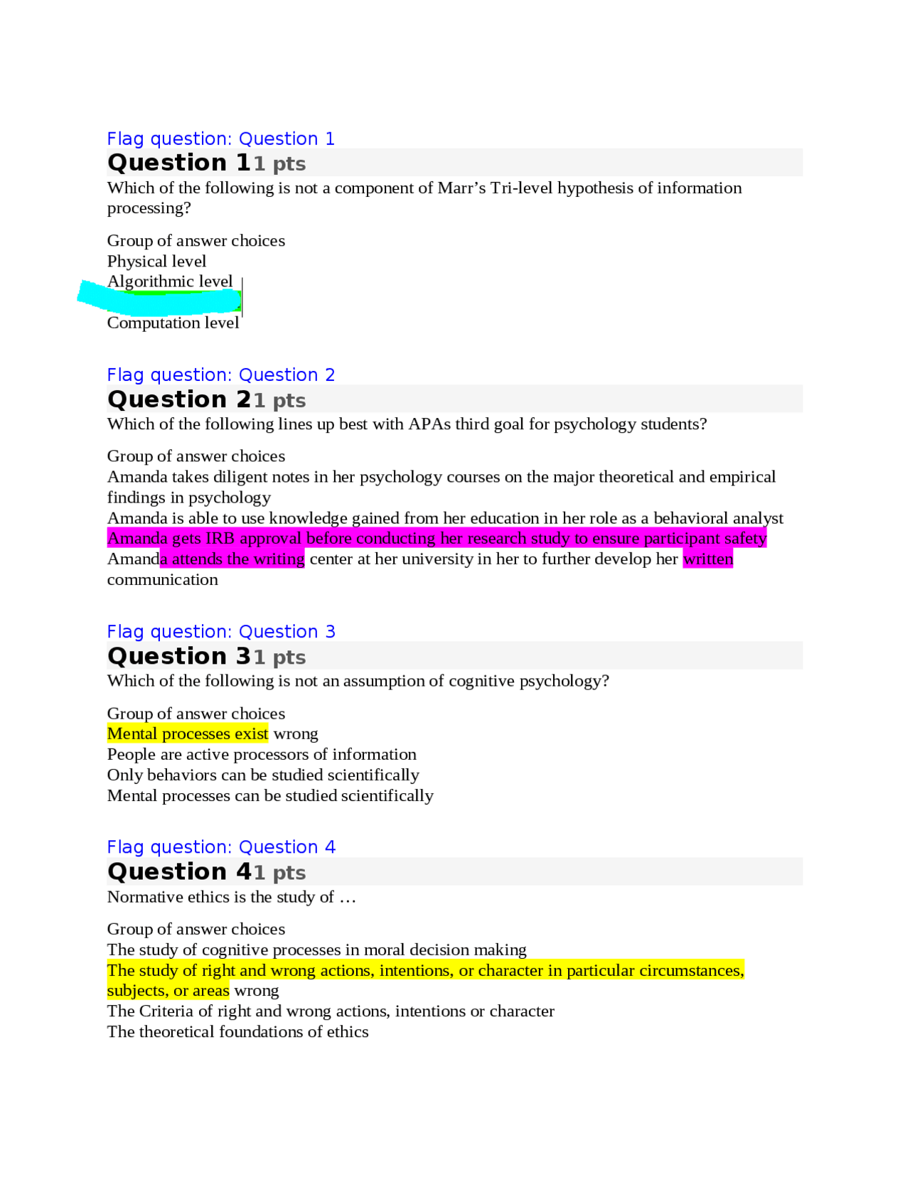 Cognitive Psychology and Ethics: Multiple Choice Questions | Exams ...