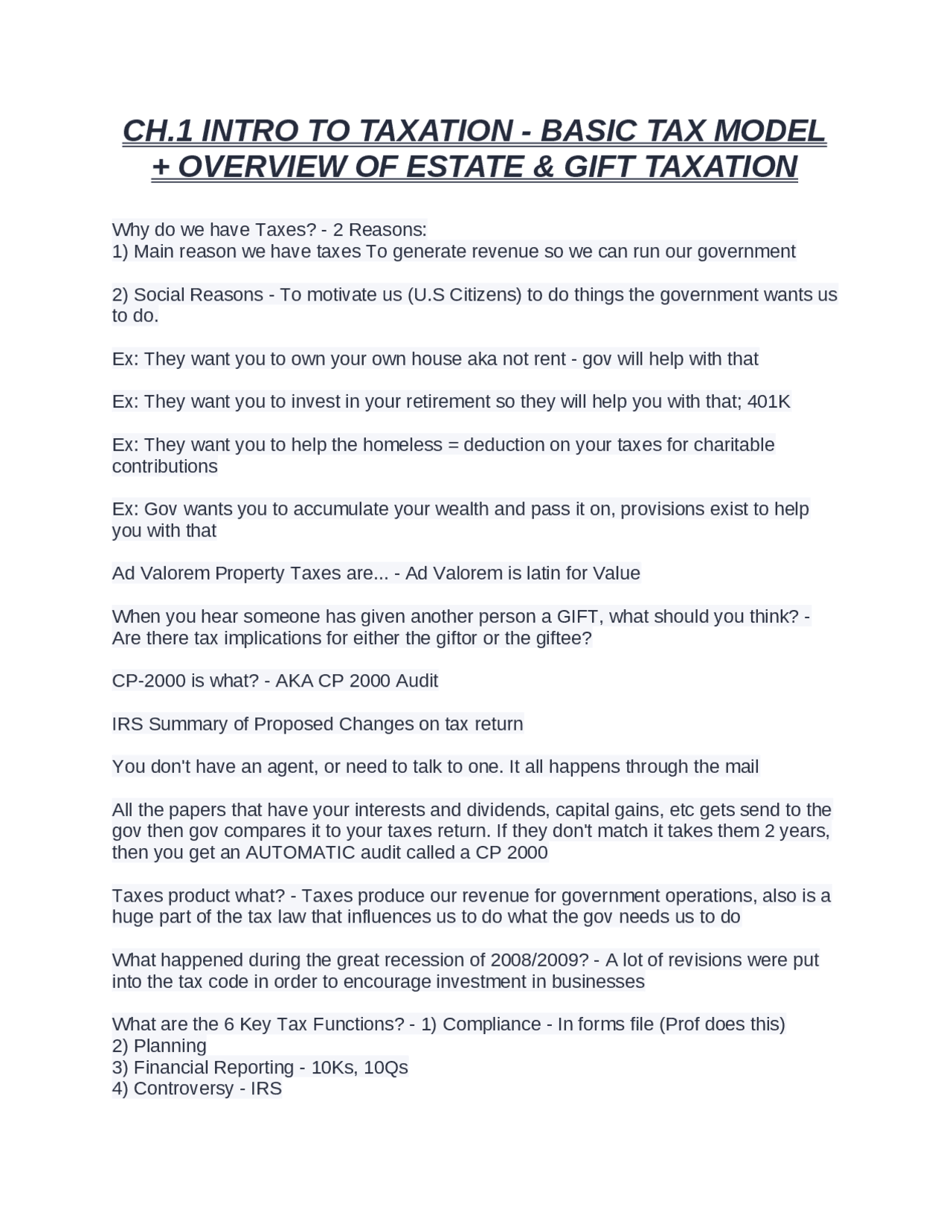 CH.1 INTRO TO TAXATION - BASIC TAX MODEL + OVERVIEW OF ESTATE & GIFT ...