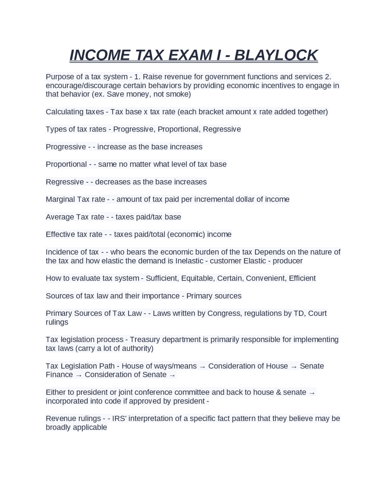 Income Tax Exam I - Blaylock: A Comprehensive Guide to Tax Concepts and ...