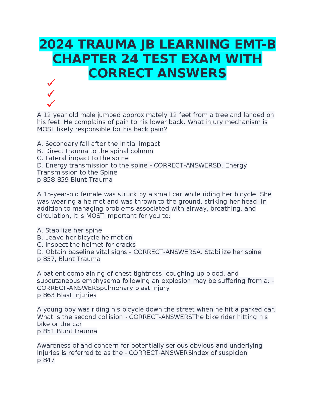 2024 Trauma JB Learning EMT-B Chapter 24 Test Exam with Correct Answers ...