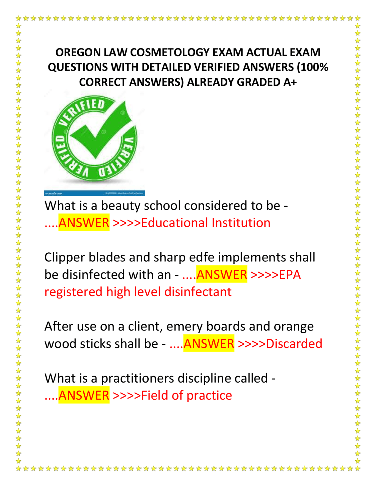 Oregon Cosmetology Exam Questions and Answers | Exams Nursing | Docsity