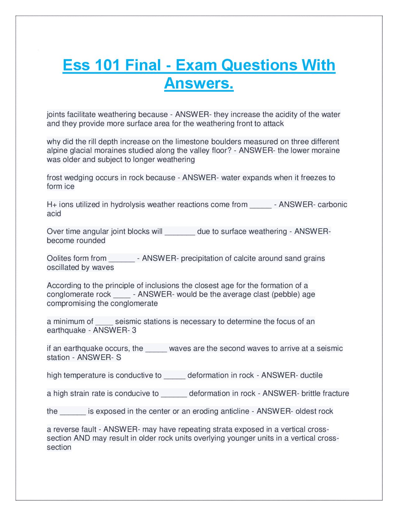 ESS 101 Final Exam Questions and Answers: Geology Concepts and ...