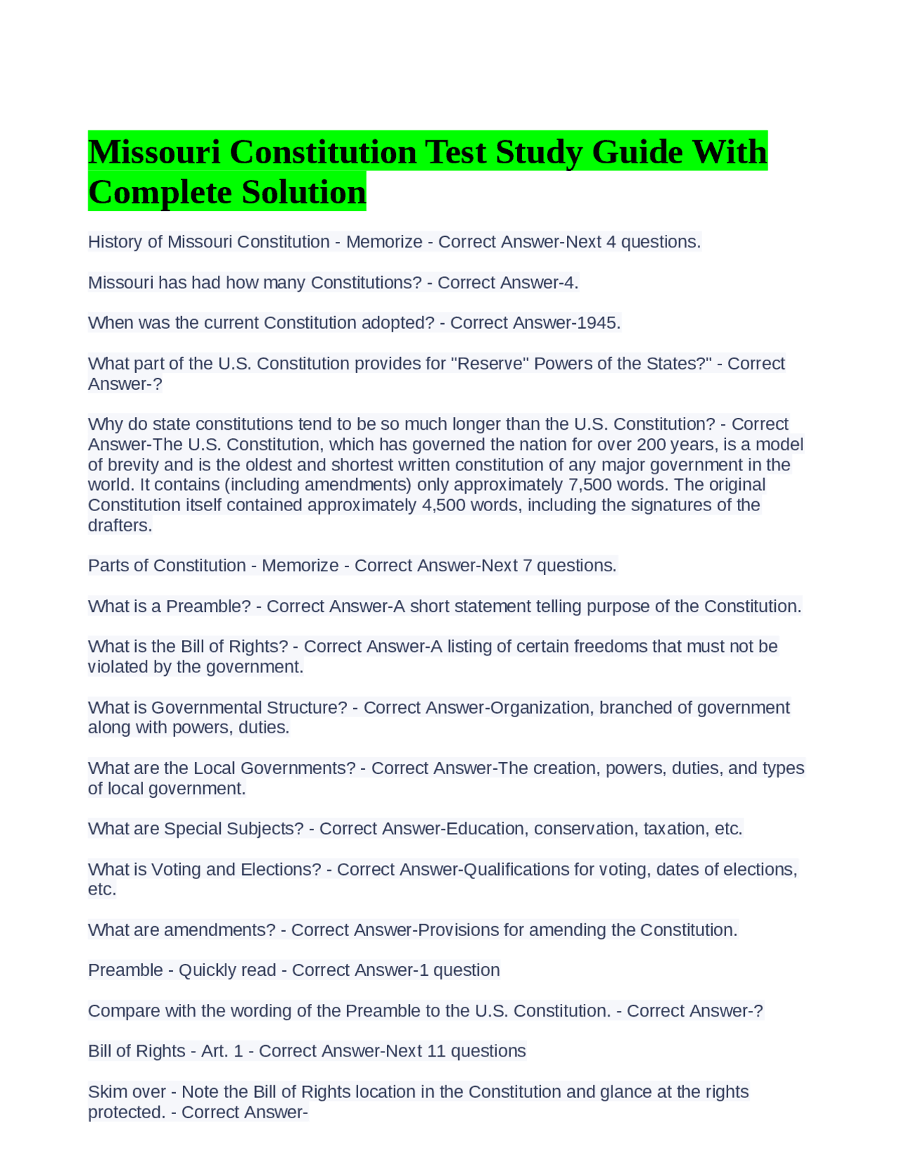 Missouri Constitution Test Study Guide | Exams Advanced Education | Docsity