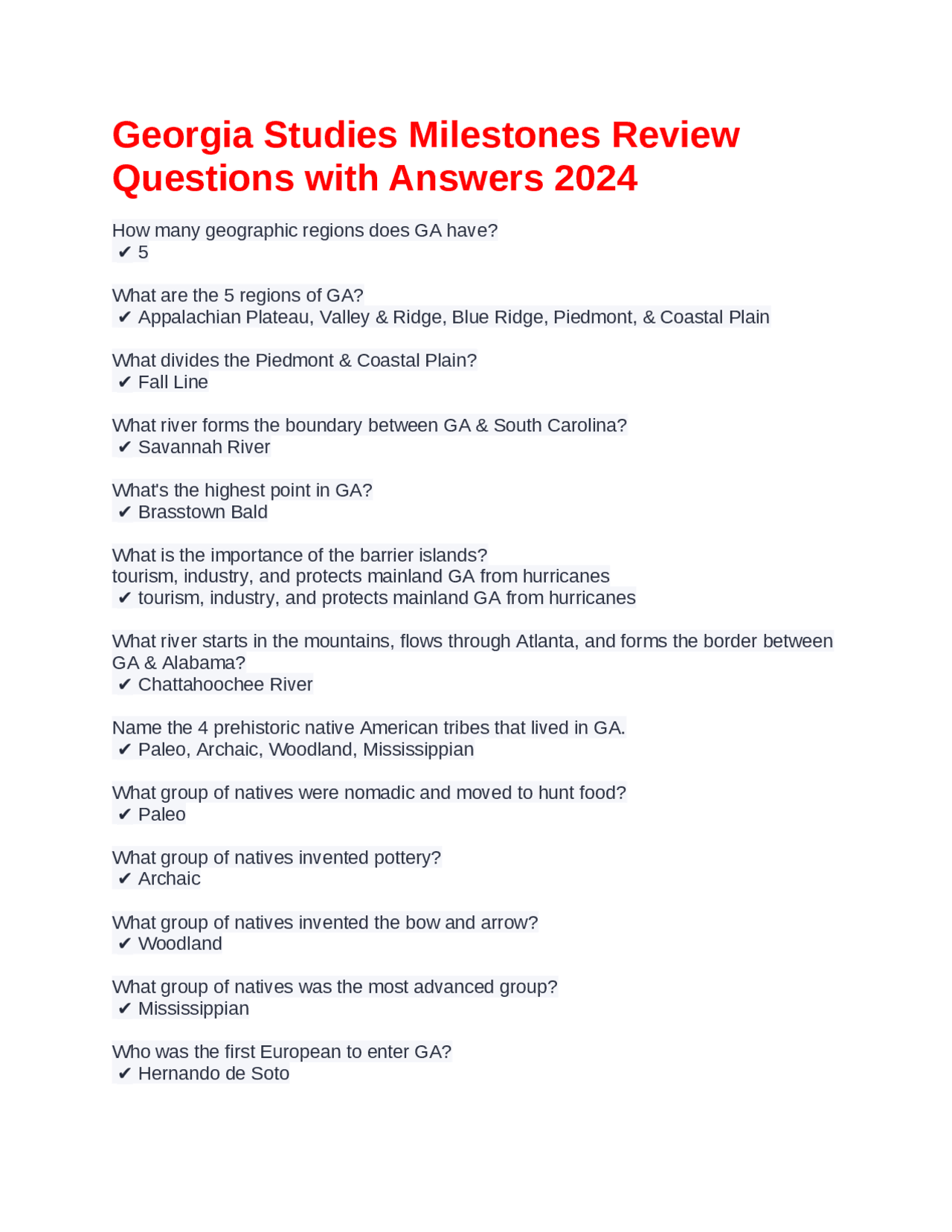 Georgia Studies Milestones Review: Questions and Answers for 2024 ...