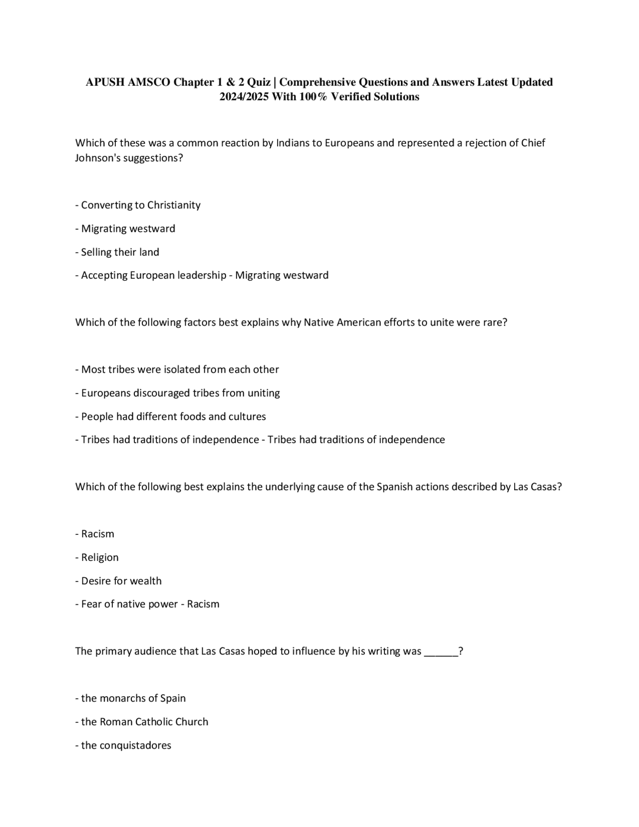 APUSH AMSCO Chapters 1 & 2 Quiz: Comprehensive Questions and Answers ...