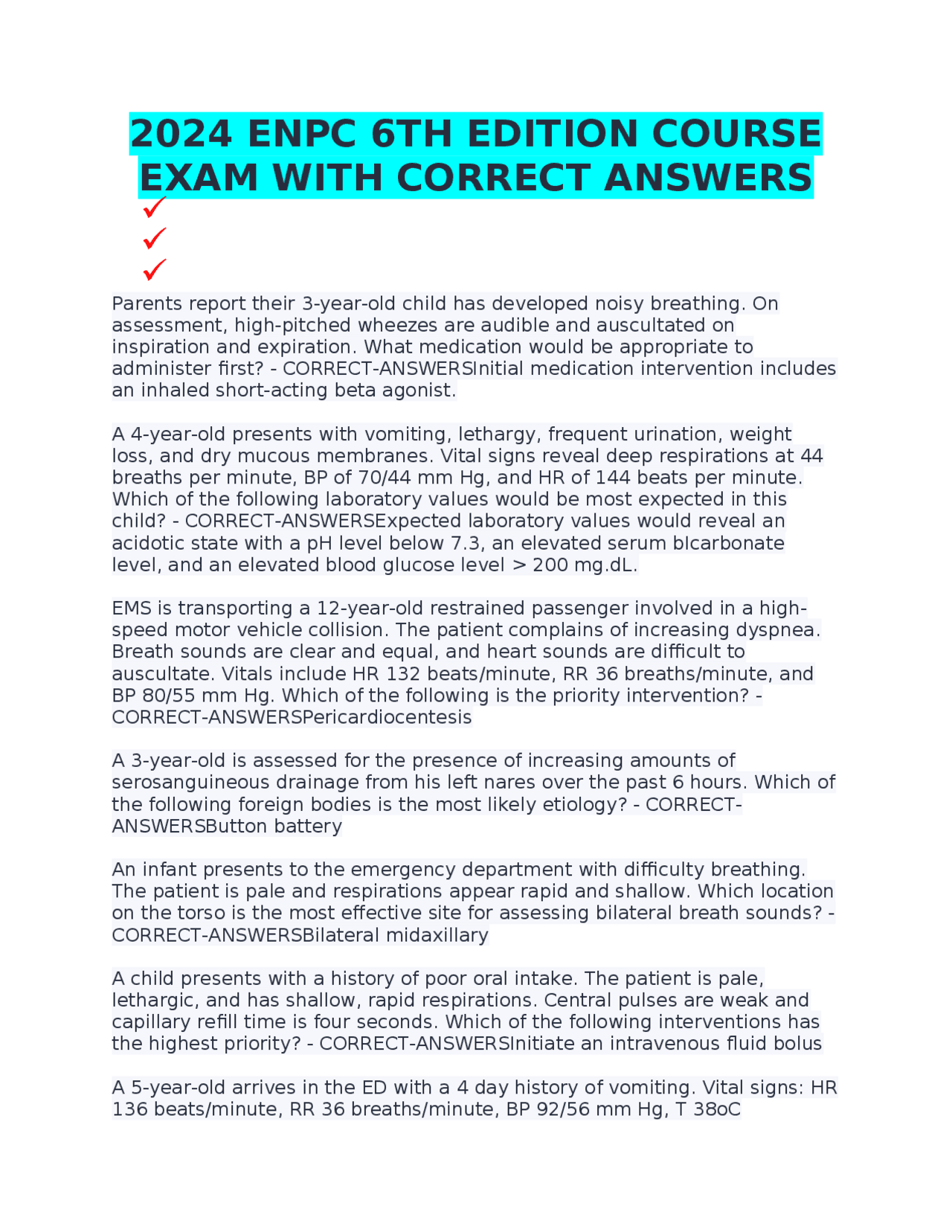 2024 ENPC 6th Edition Course Exam with Correct Answers: Pediatric ...
