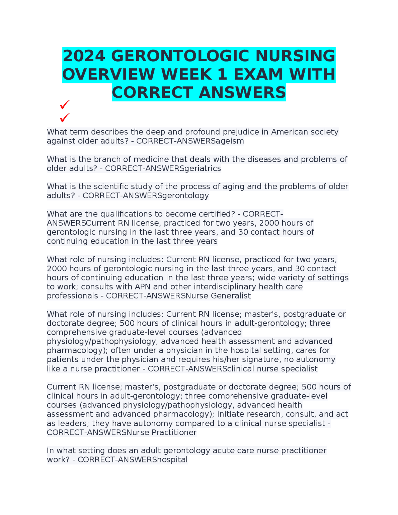 2024 Gerontologic Nursing: Week 1 Exam Review with Correct Answers ...