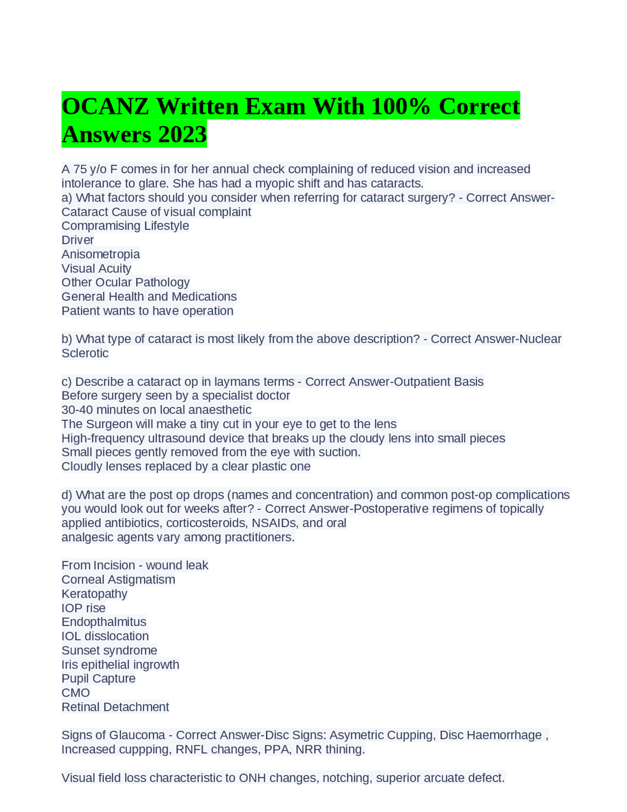 Ophthalmology Written Exam Questions and Answers | Exams Advanced Education | Docsity