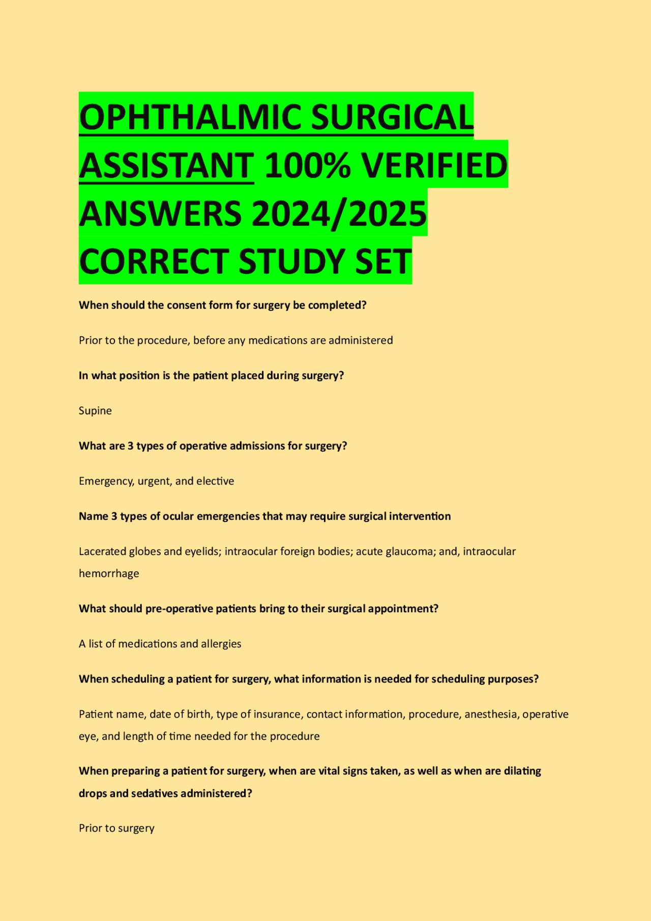 OPHTHALMIC SURGICAL ASSISTANT 100% VERIFIED ANSWERS 2024/2025 CORRECT ...