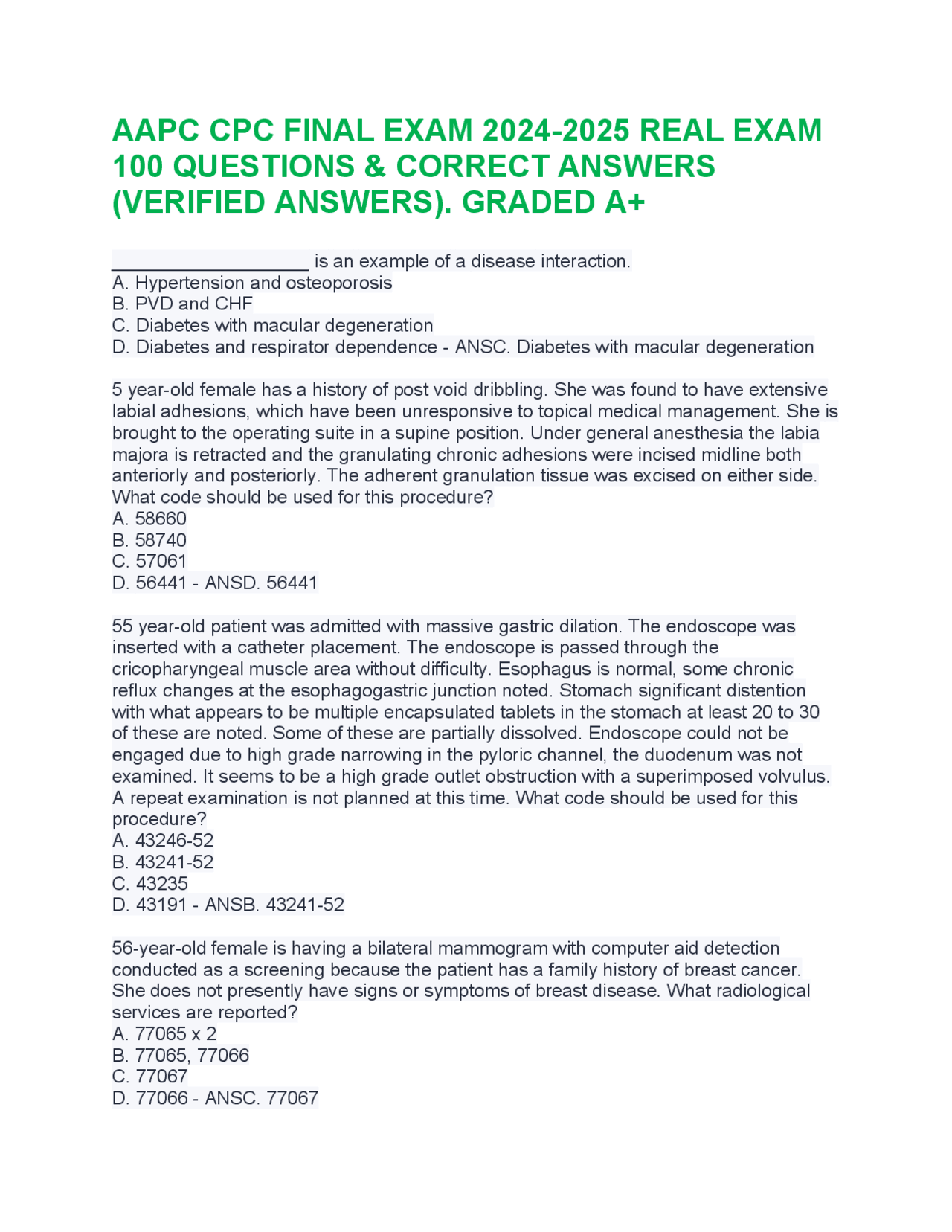 AAPC CPC FINAL EXAM 2024-2025 REAL EXAM 100 QUESTIONS & CORRECT ANSWERS ...