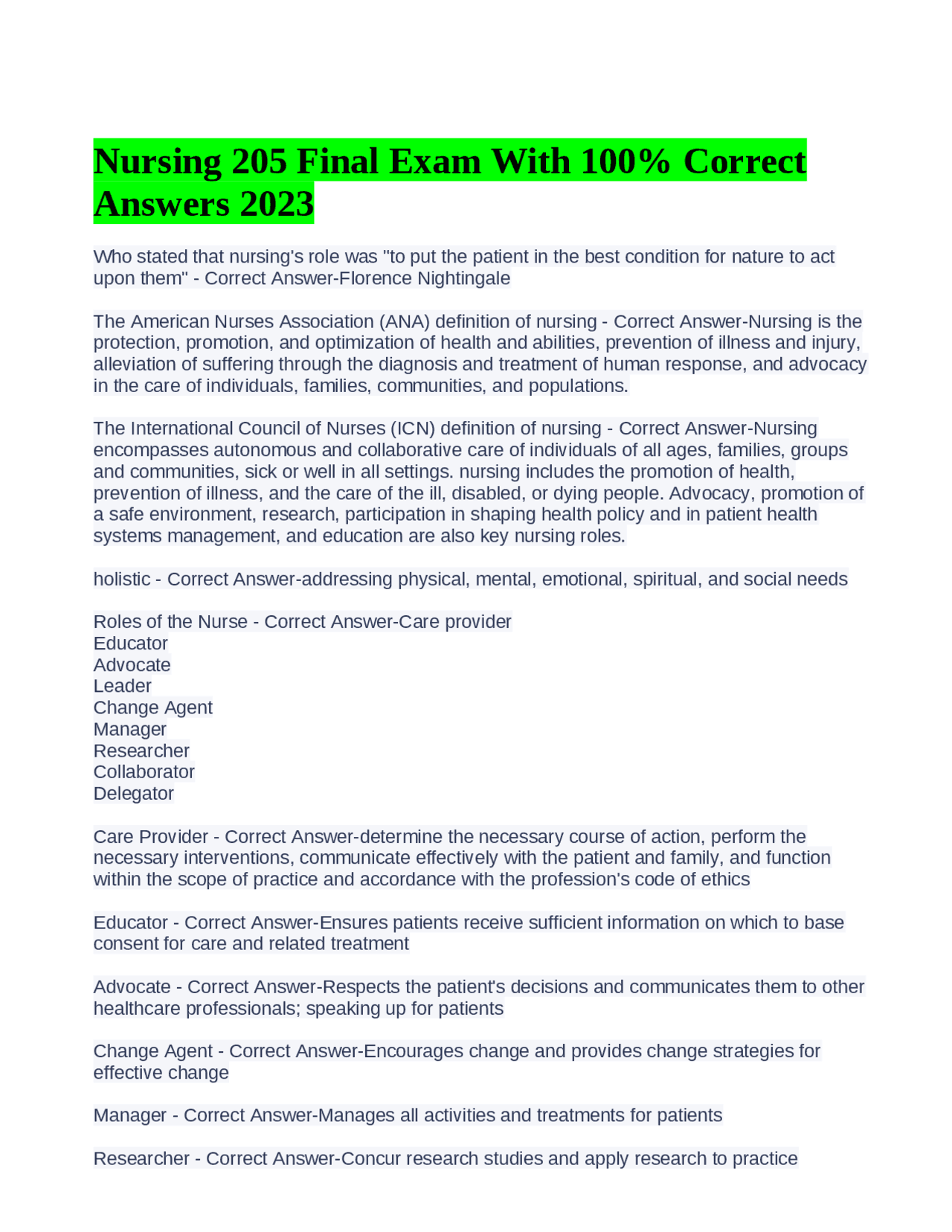 Nursing 205 Final Exam Review: Key Concepts and Definitions | Exams ...