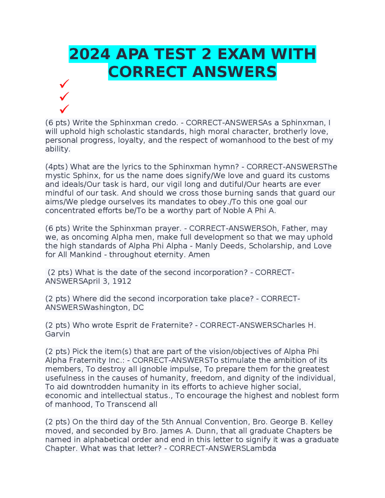 Alpha Phi Alpha Fraternity Exam Questions and Answers | Exams Advanced ...