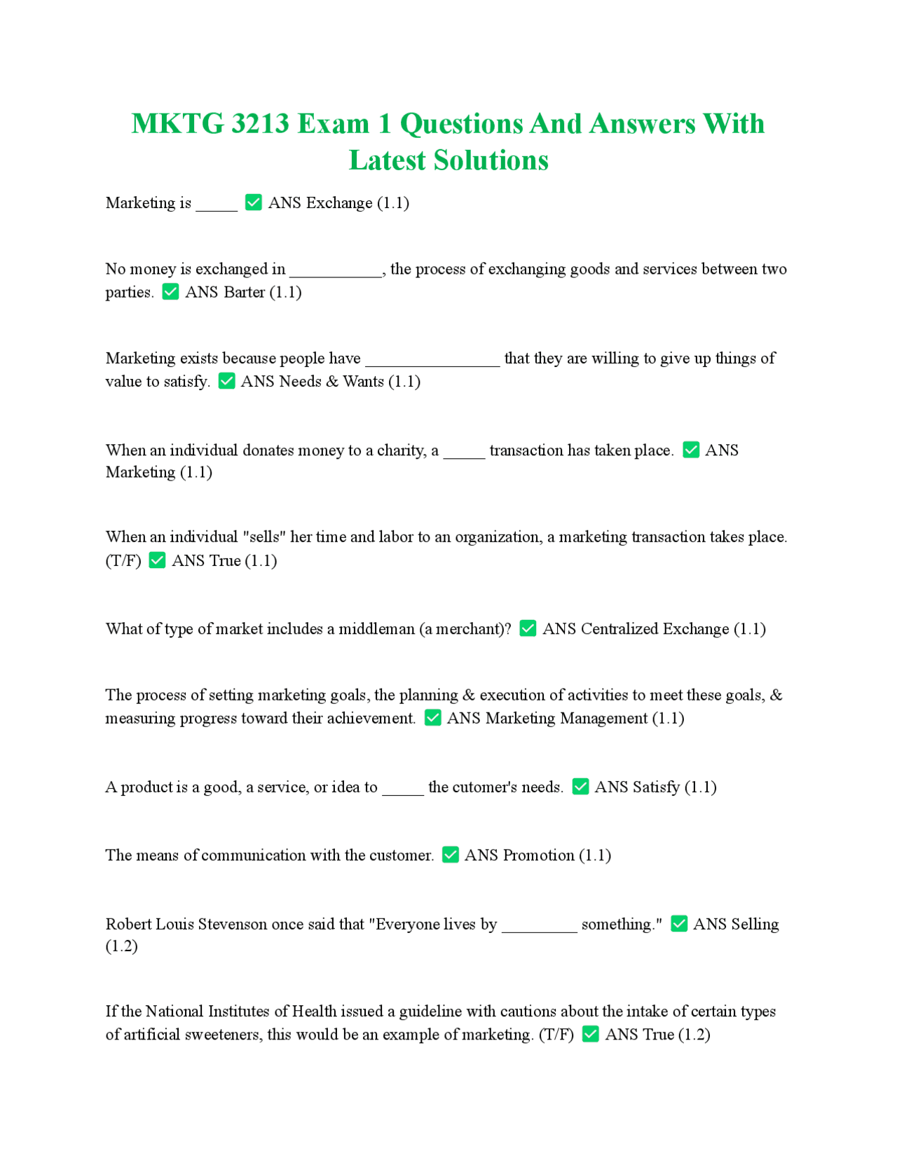 MKTG 3213 Exam 1 Questions and Answers: Marketing Fundamentals - Prof ...