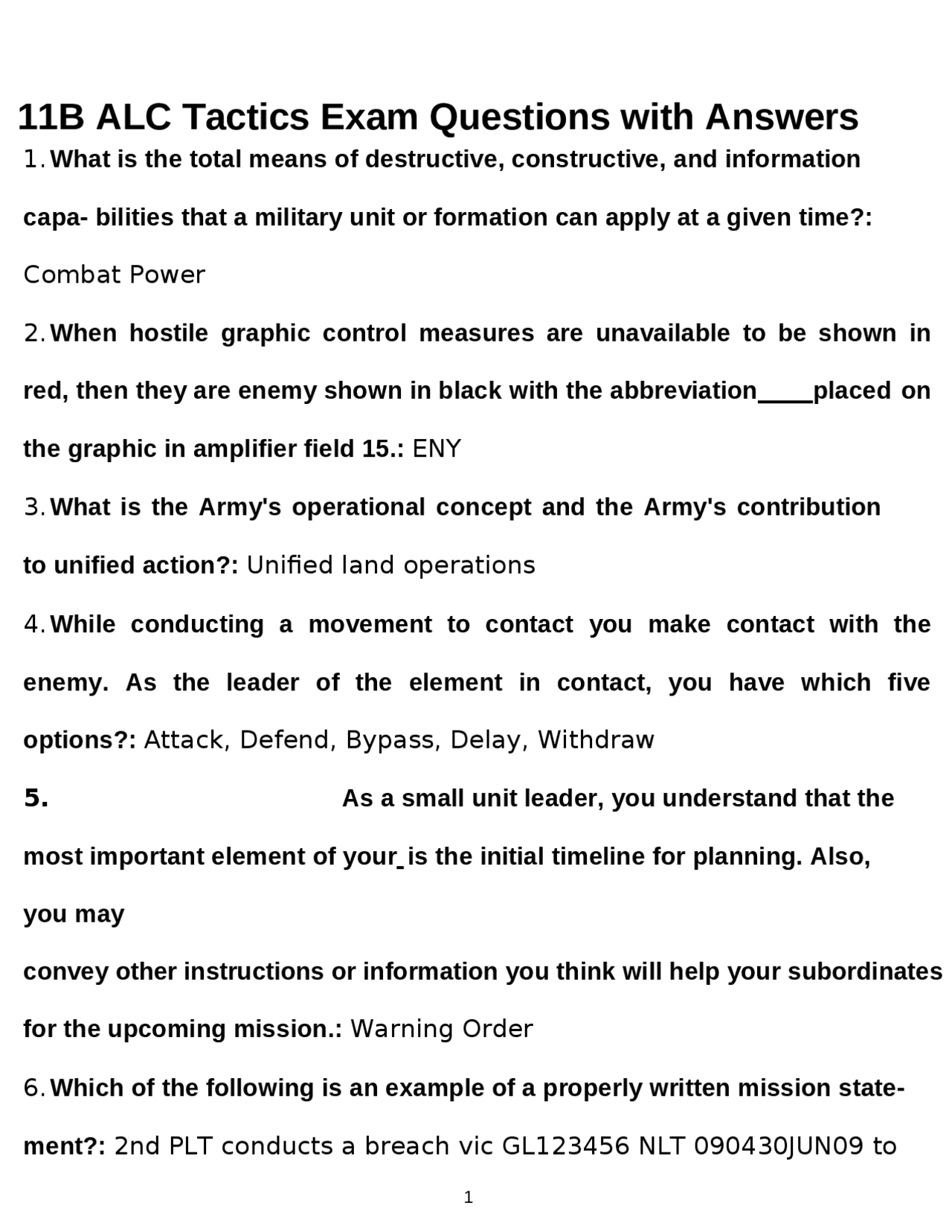 ALC Tactics Exam Questions with Answers | Exams Military Strategy and ...