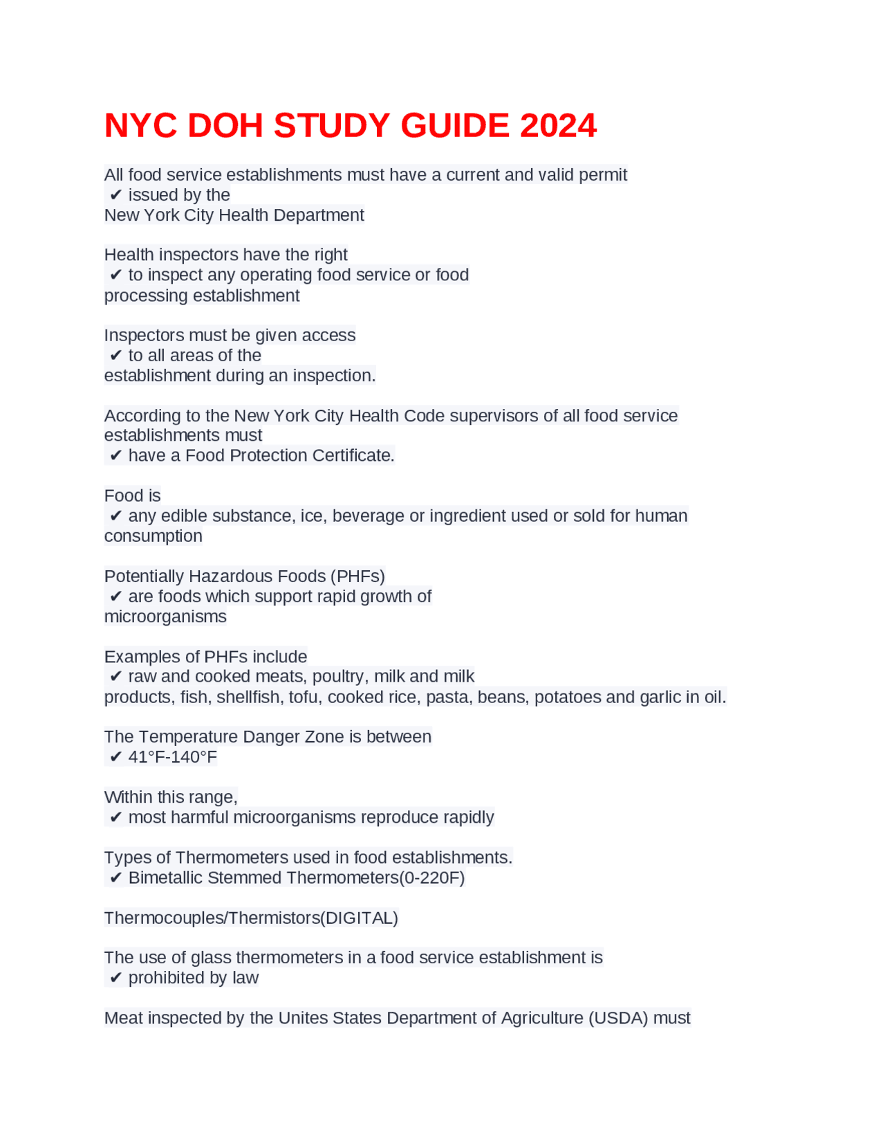 NYC DOH Food Safety Study Guide 2024: Essential Regulations and ...