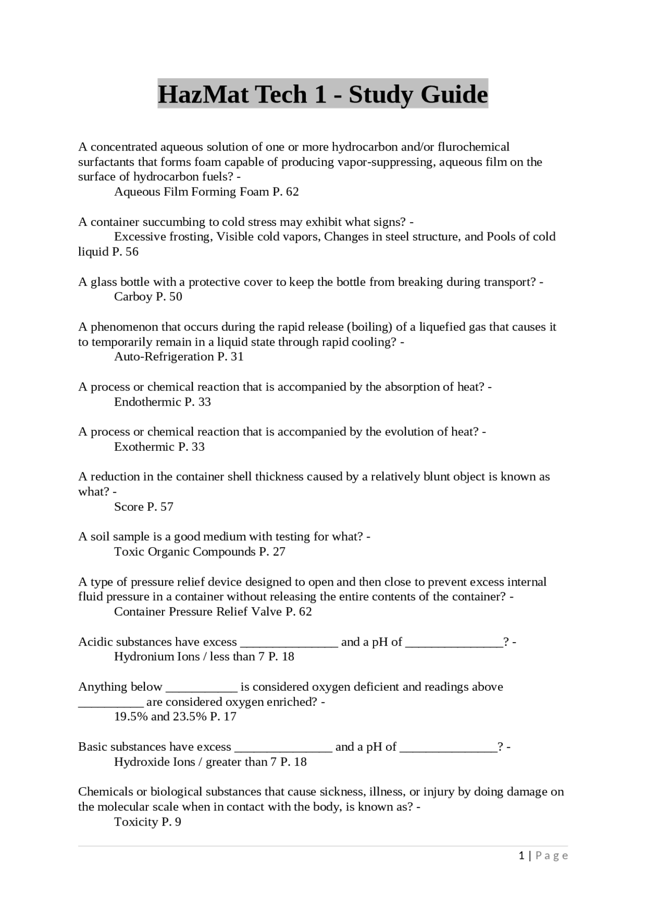 HazMat Tech 1 - Study Guide: Definitions and Concepts | Exams Nursing | Docsity