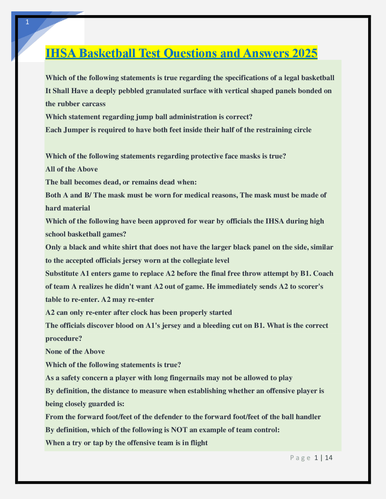 IHSA Basketball Test Questions and Answers 2025 | Exams Nursing | Docsity
