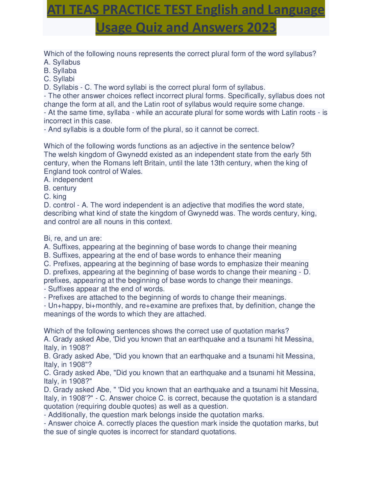 English and Language Usage Practice Quiz | Exams Advanced Education ...