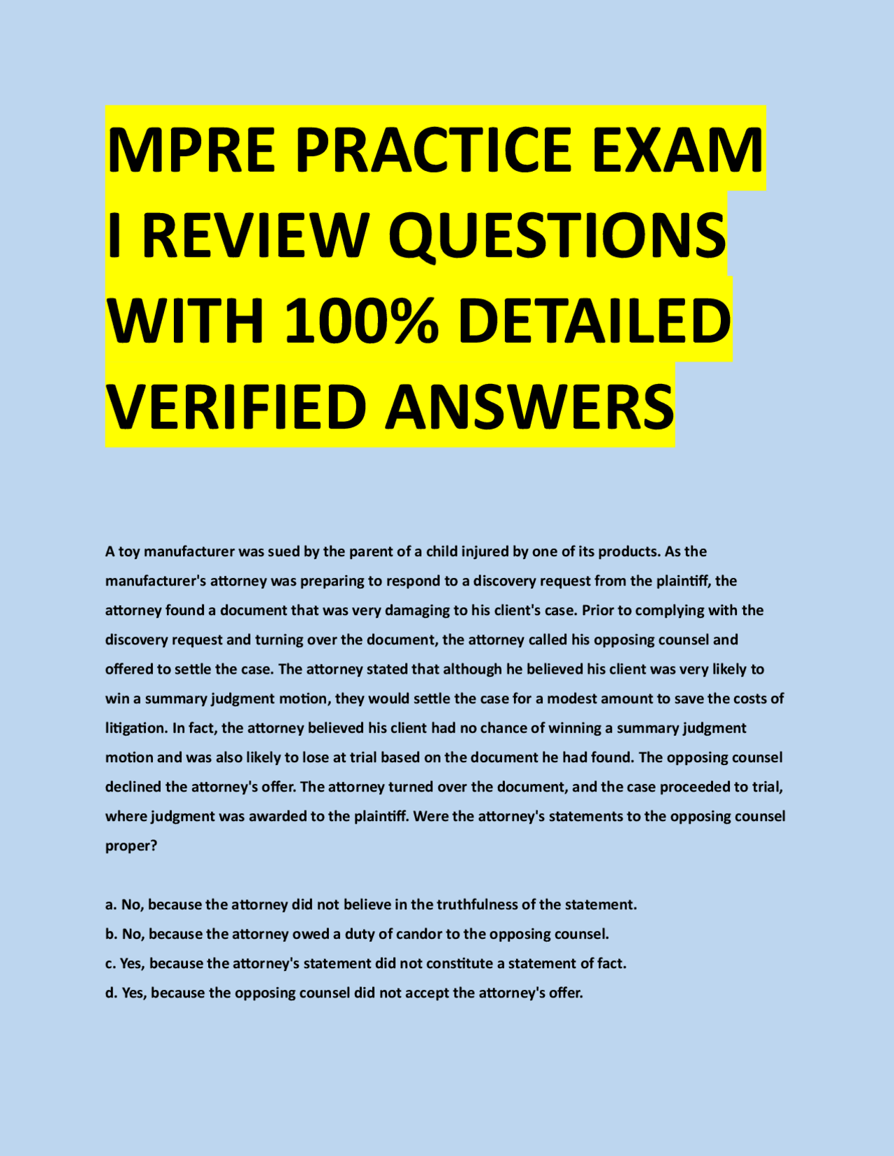 MPRE PRACTICE EXAM I REVIEW QUESTIONS WITH 100% DETAILED VERIFIED ...