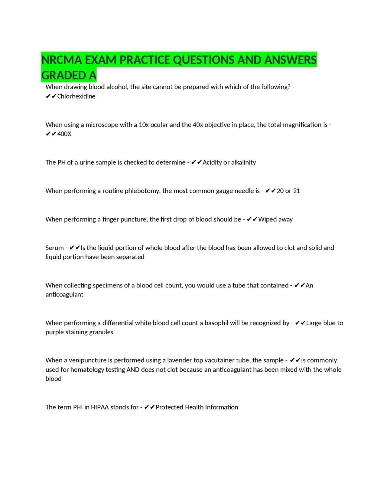 NRCMA Exam Practice Questions and Answers | Exams Nursing | Docsity