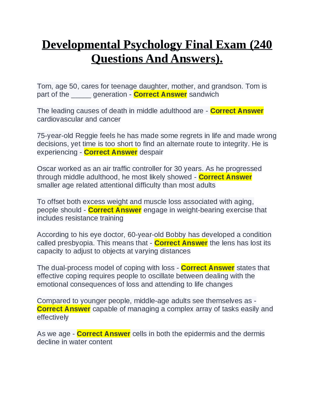 Developmental Psychology Final Exam Questions and Answers | Exams ...