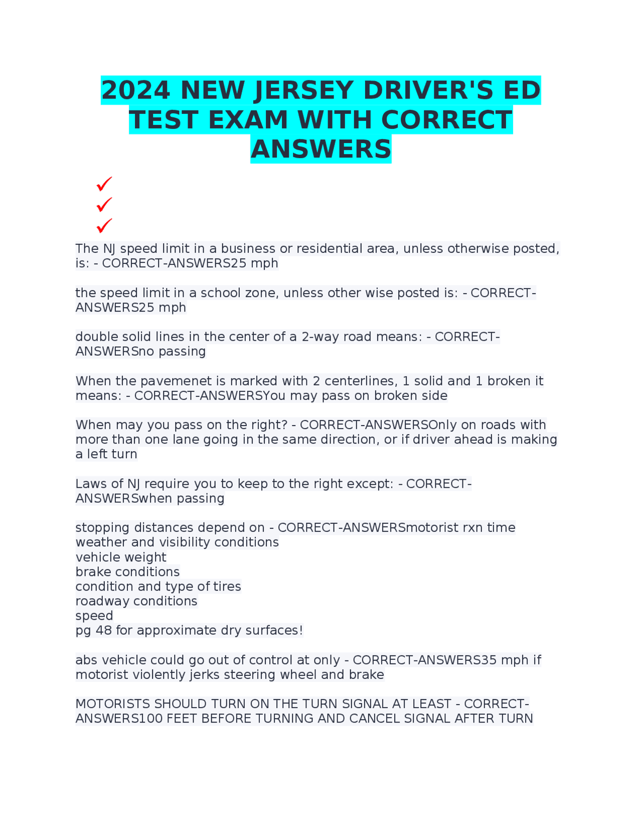 New Jersey Driver's Education Test Exam with Correct Answers | Exams ...