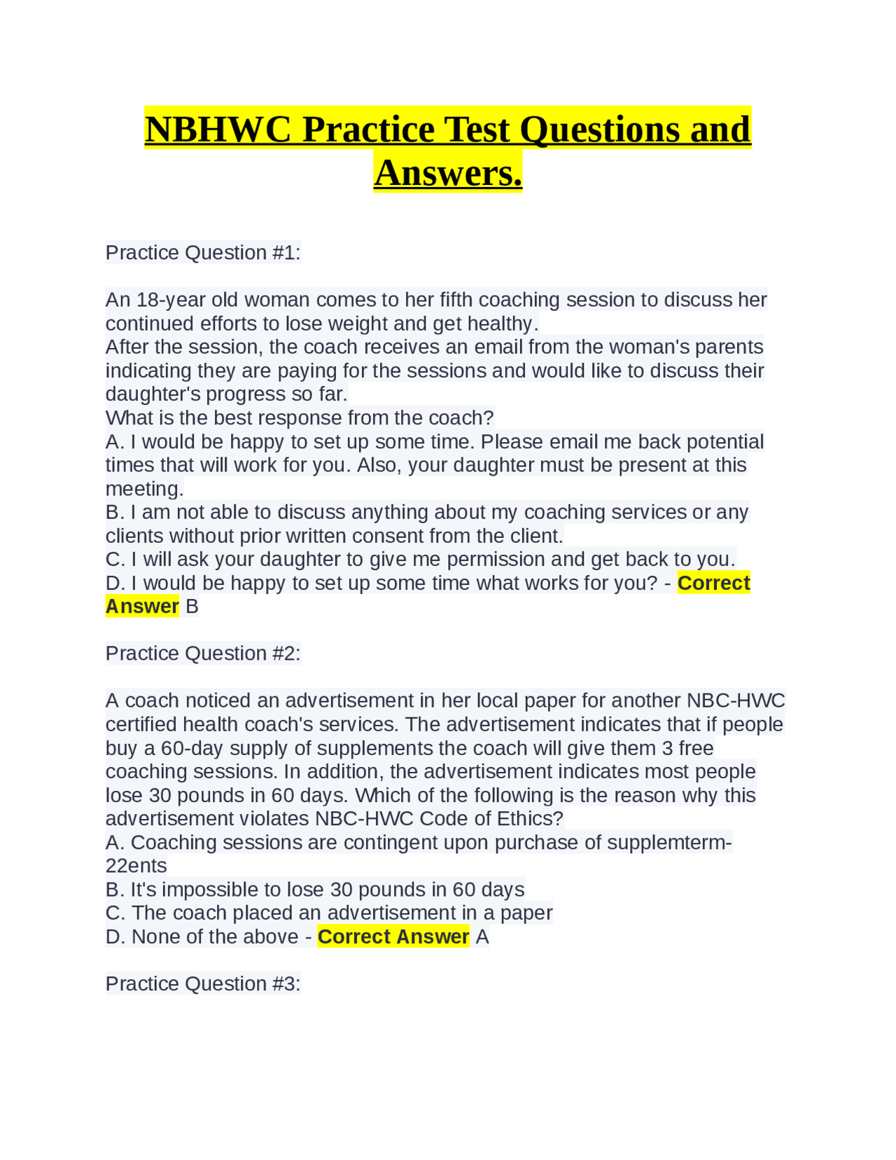 NBC-HWC Practice Test Questions and Answers: Ethical Conduct and Health ...