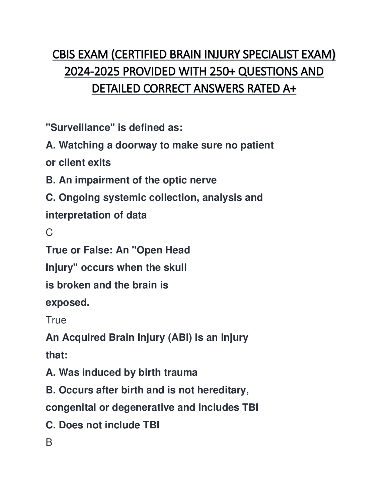 CBIS EXAM (CERTIFIED BRAIN INJURY SPECIALIST EXAM) 2024-2025 PROVIDED ...