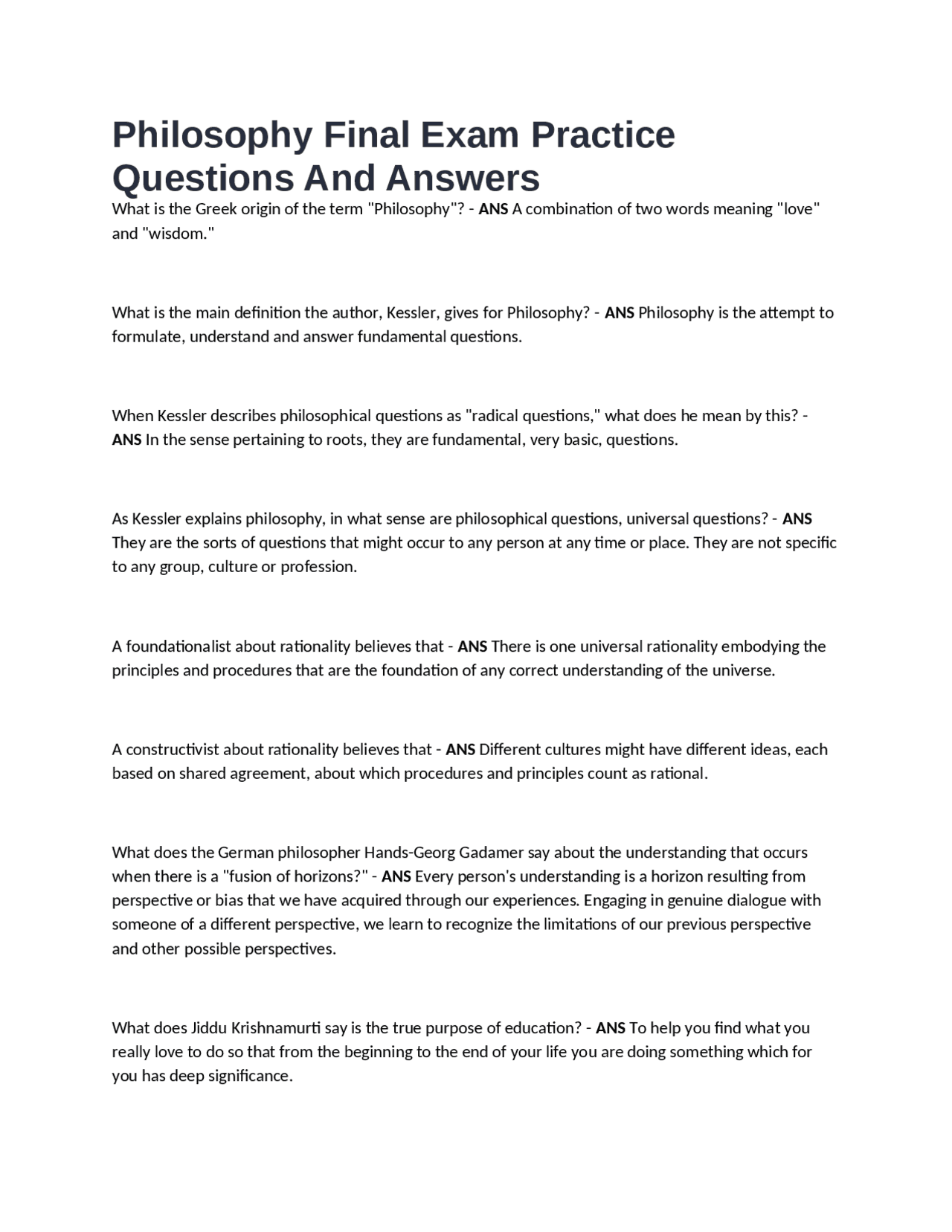 Philosophy Final Exam Practice Questions And Answers | Exams Philosophy ...