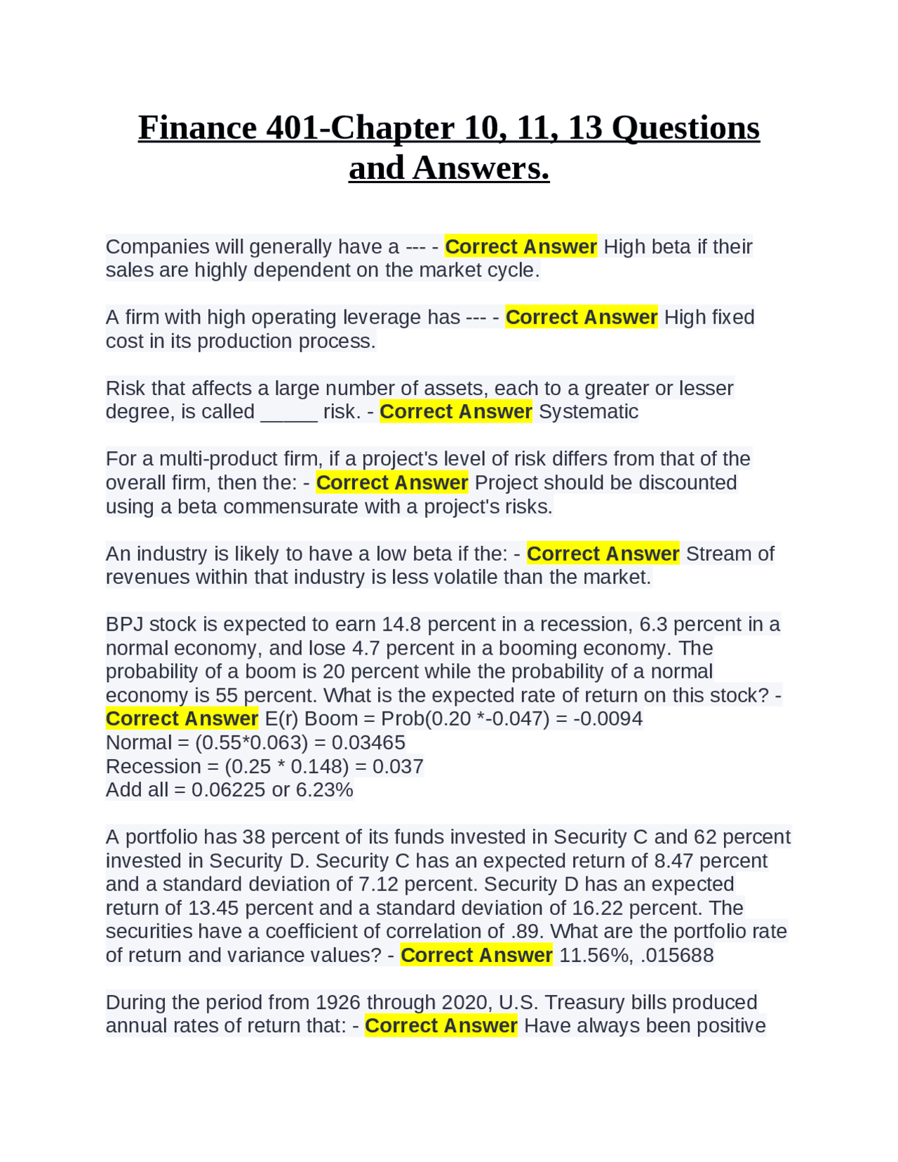 Finance 401: Chapter 10, 11, 13 Questions and Answers | Exams Finance ...