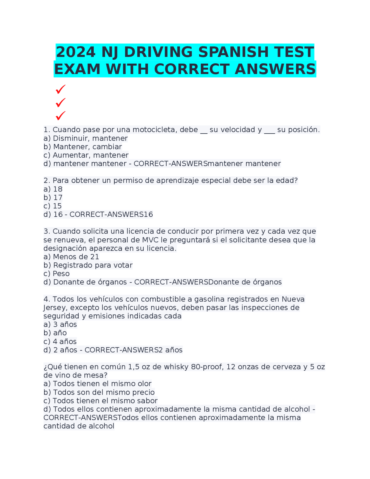 2024 NJ DRIVING SPANISH TEST EXAM WITH CORRECT ANSWERS | Exams Advanced ...
