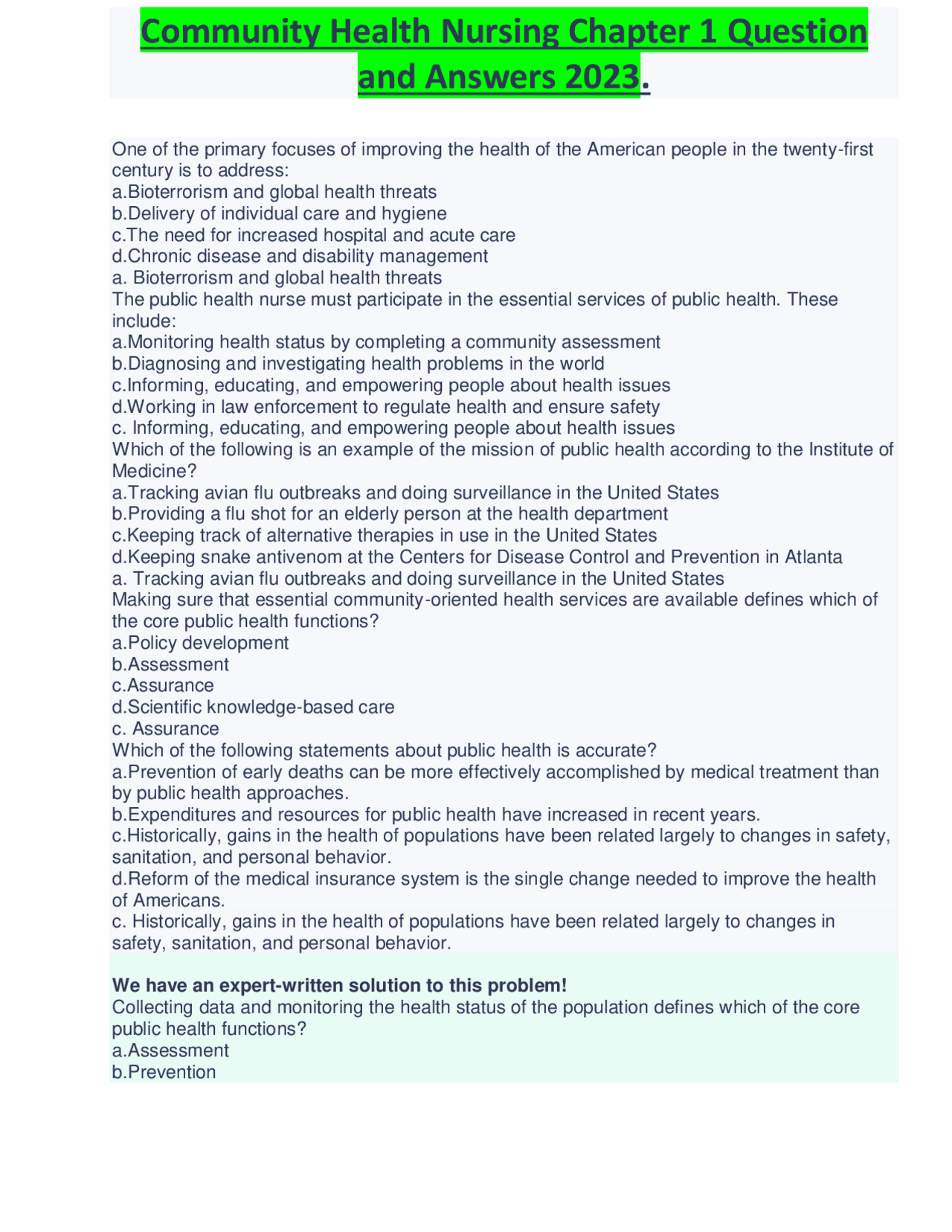 Community Health Nursing Chapter 1 Multiple Choice Questions And