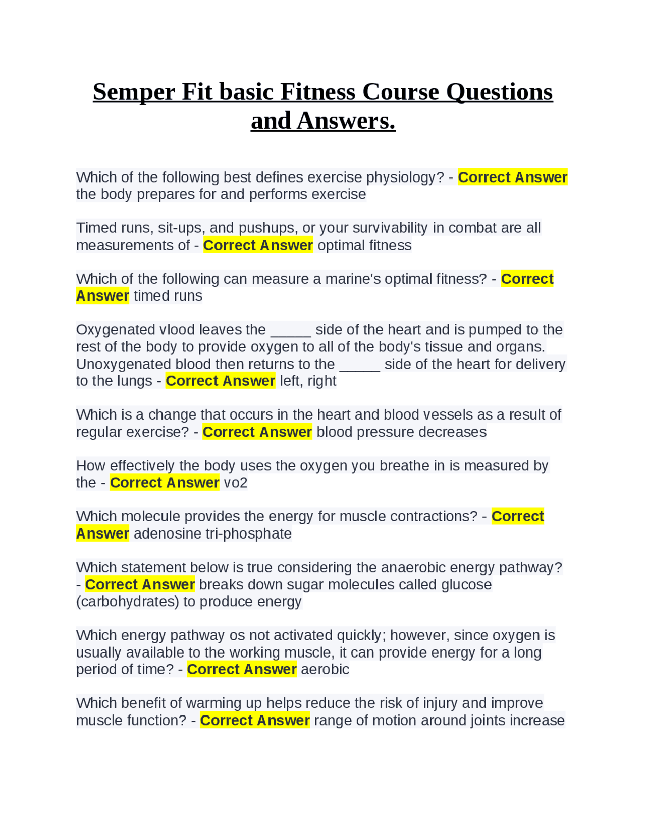 Semper Fit Basic Fitness Course: Questions and Answers | Exams ...
