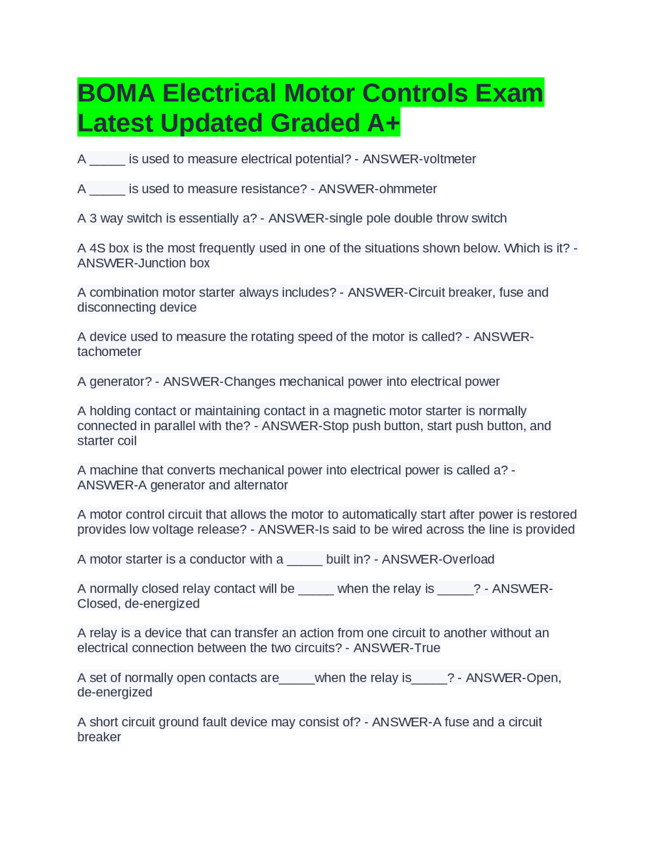 BOMA Electrical Motor Controls Exam: Questions and Answers | Exams ...