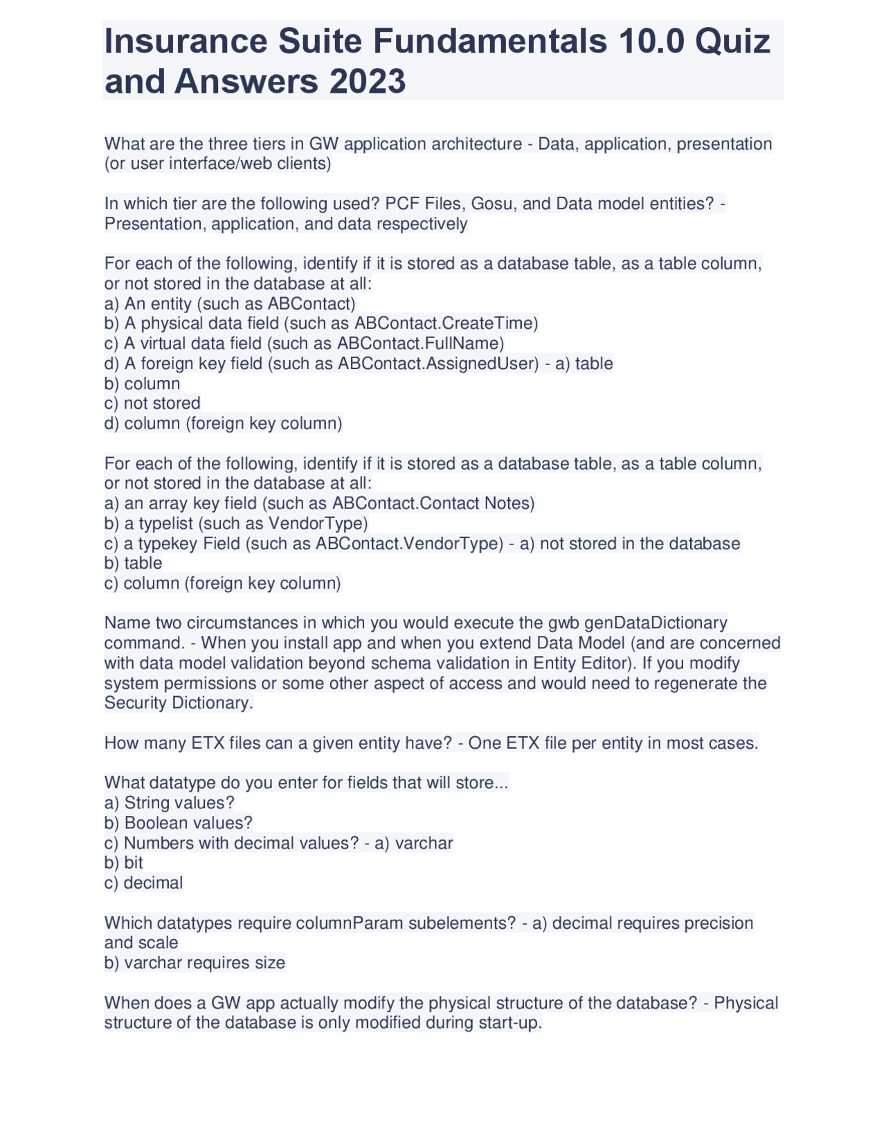 Insurance Suite Fundamentals 10.0 Quiz and Answers 2023 | Exams ...