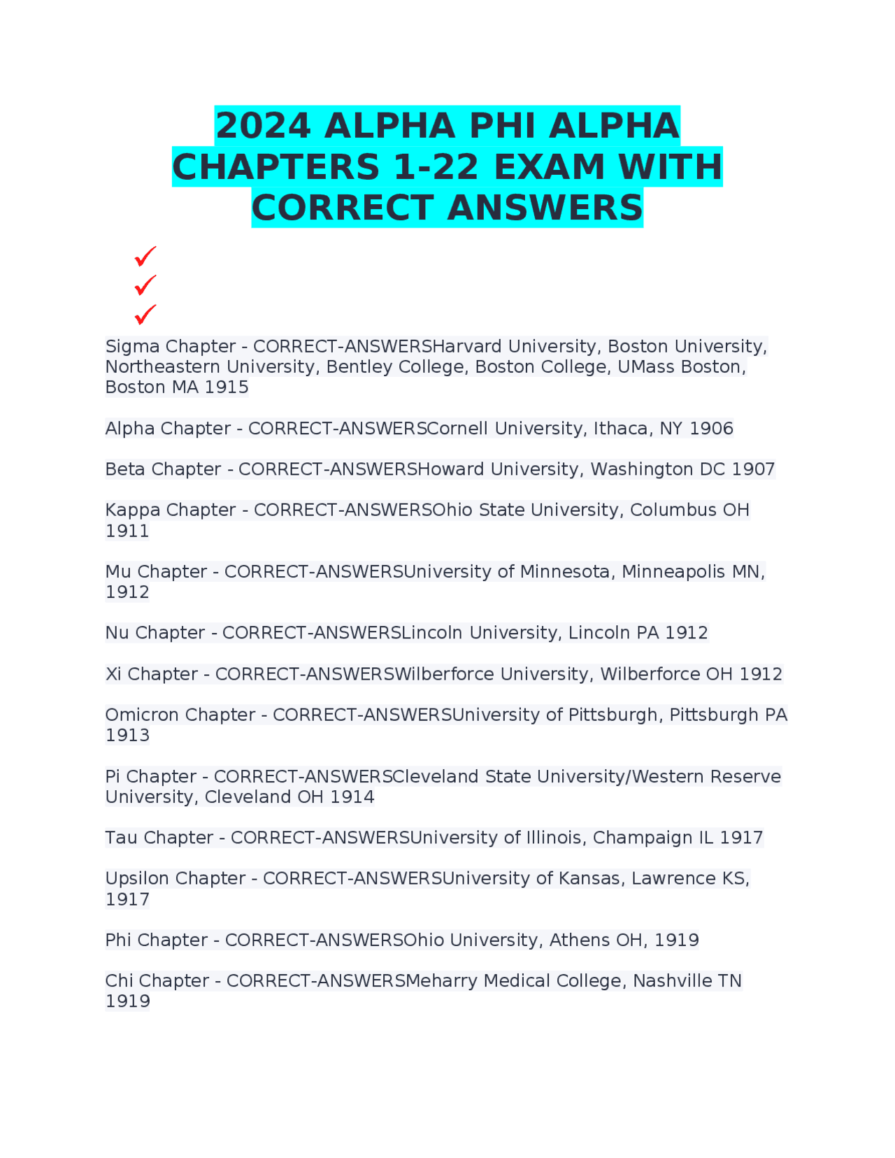 2024 ALPHA PHI ALPHA CHAPTERS 1-22 EXAM WITH CORRECT ANSWERS | Exams ...