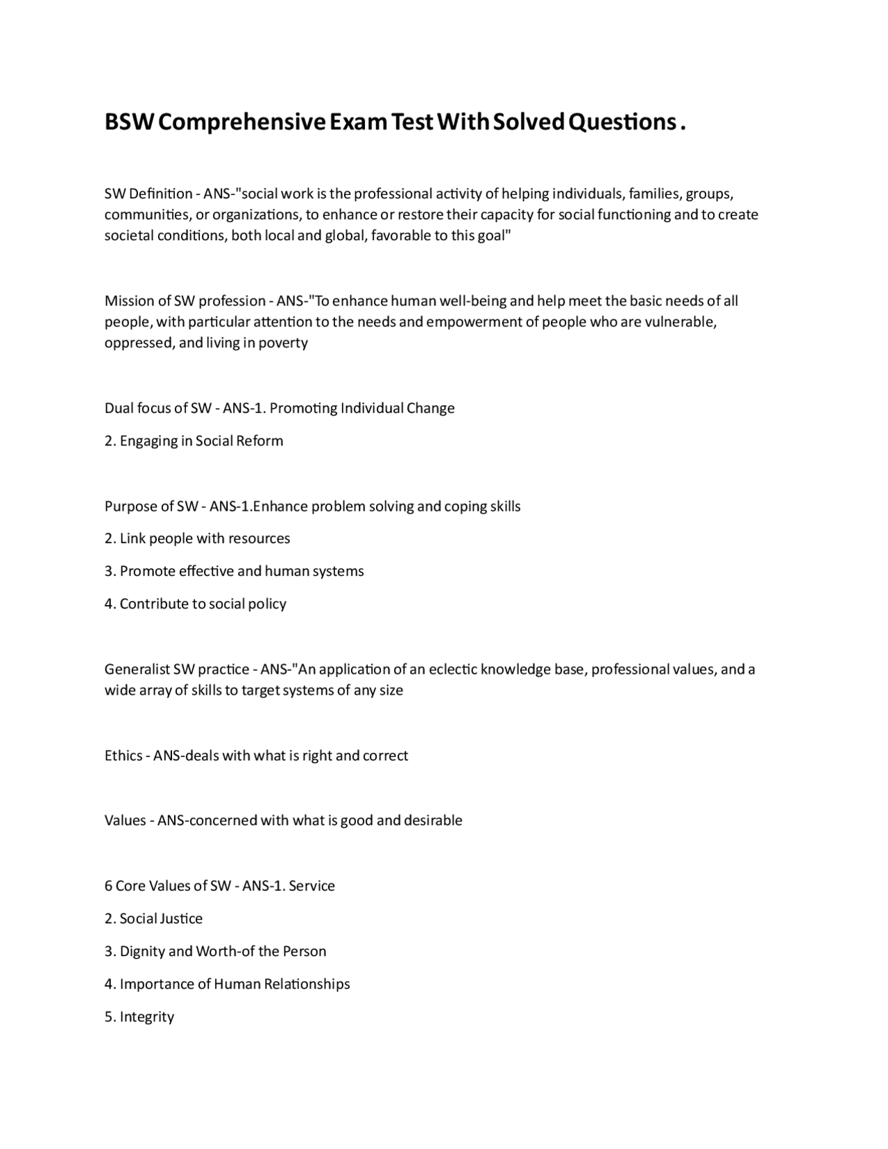 BSW Comprehensive Exam: Solved Questions & Social Work Guide | Exams ...