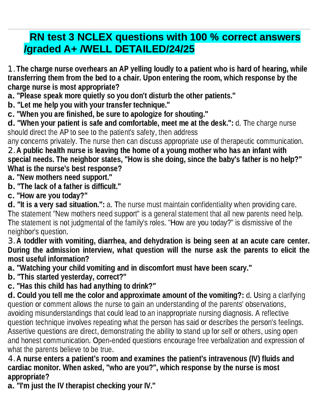 RN test 3 NCLEX questions with 100 % correct answers /graded A+ /WELL ...