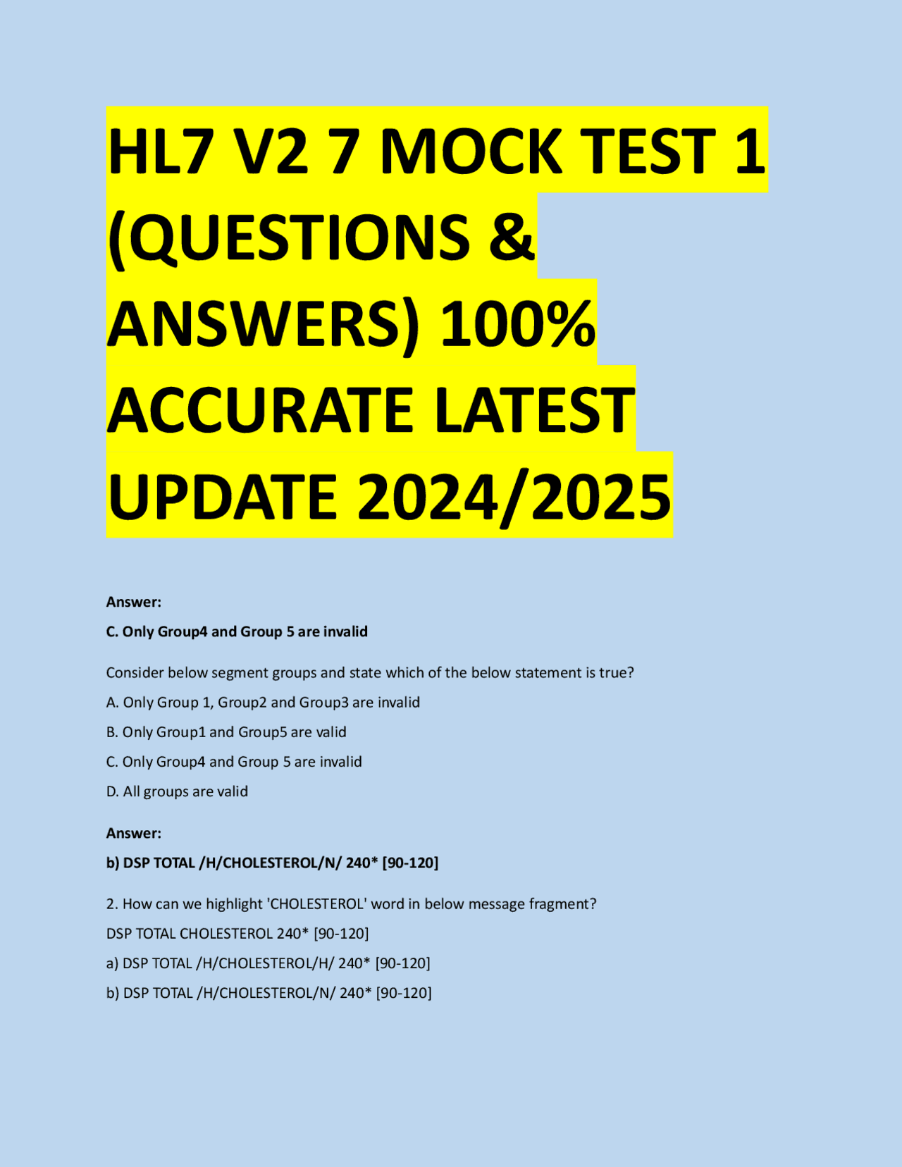 HL7 V2 7 MOCK TEST 1 (QUESTIONS & ANSWERS) 100% ACCURATE LATEST UPDATE ...