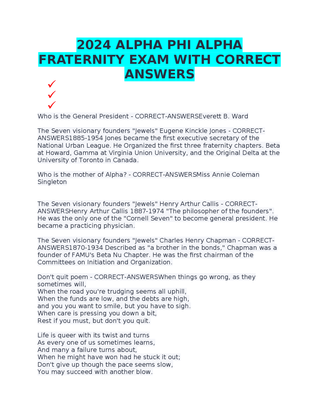 Alpha Phi Alpha Fraternity Exam with Correct Answers | Exams Advanced ...