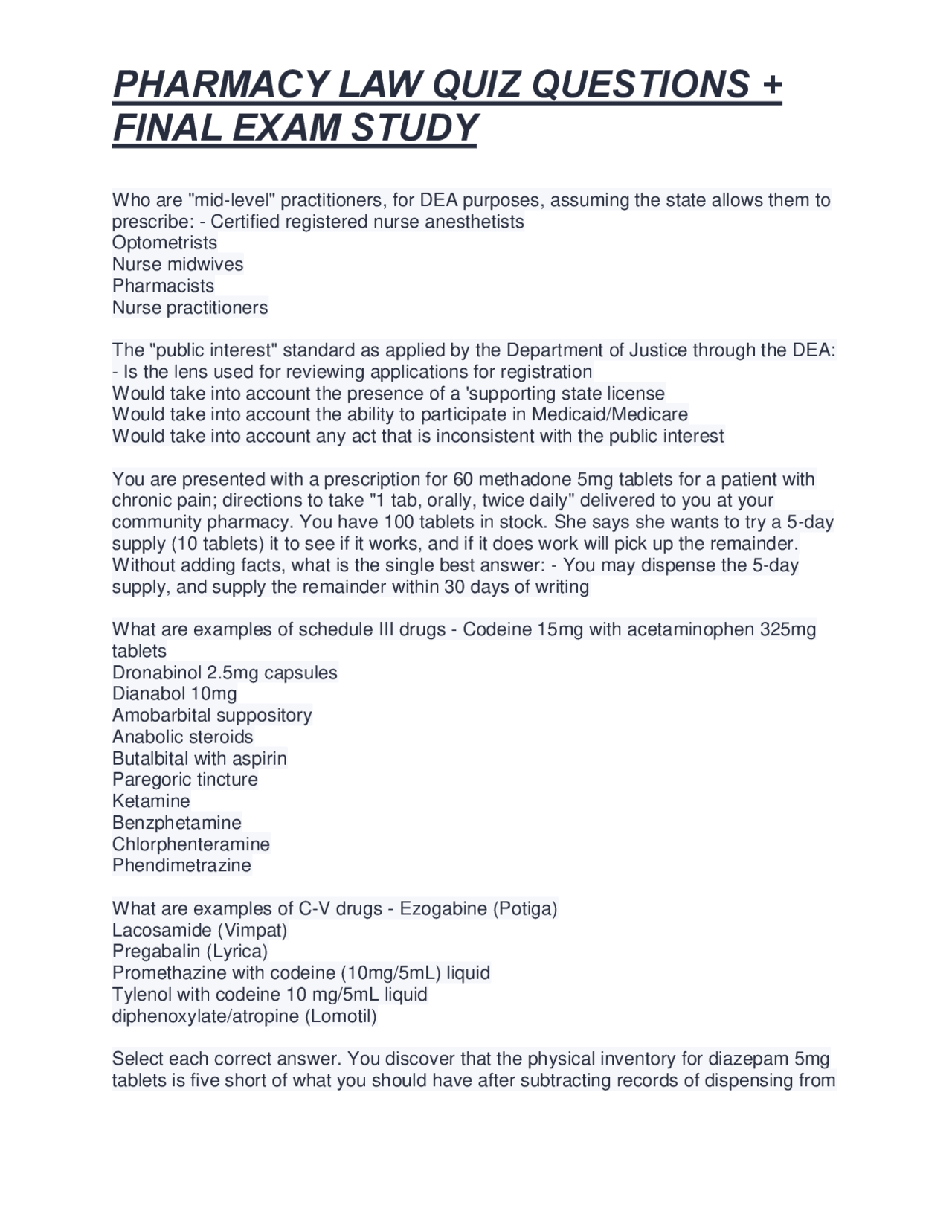 Pharmacy Law Quiz Questions and Final Exam Study Guide | Exams Advanced ...