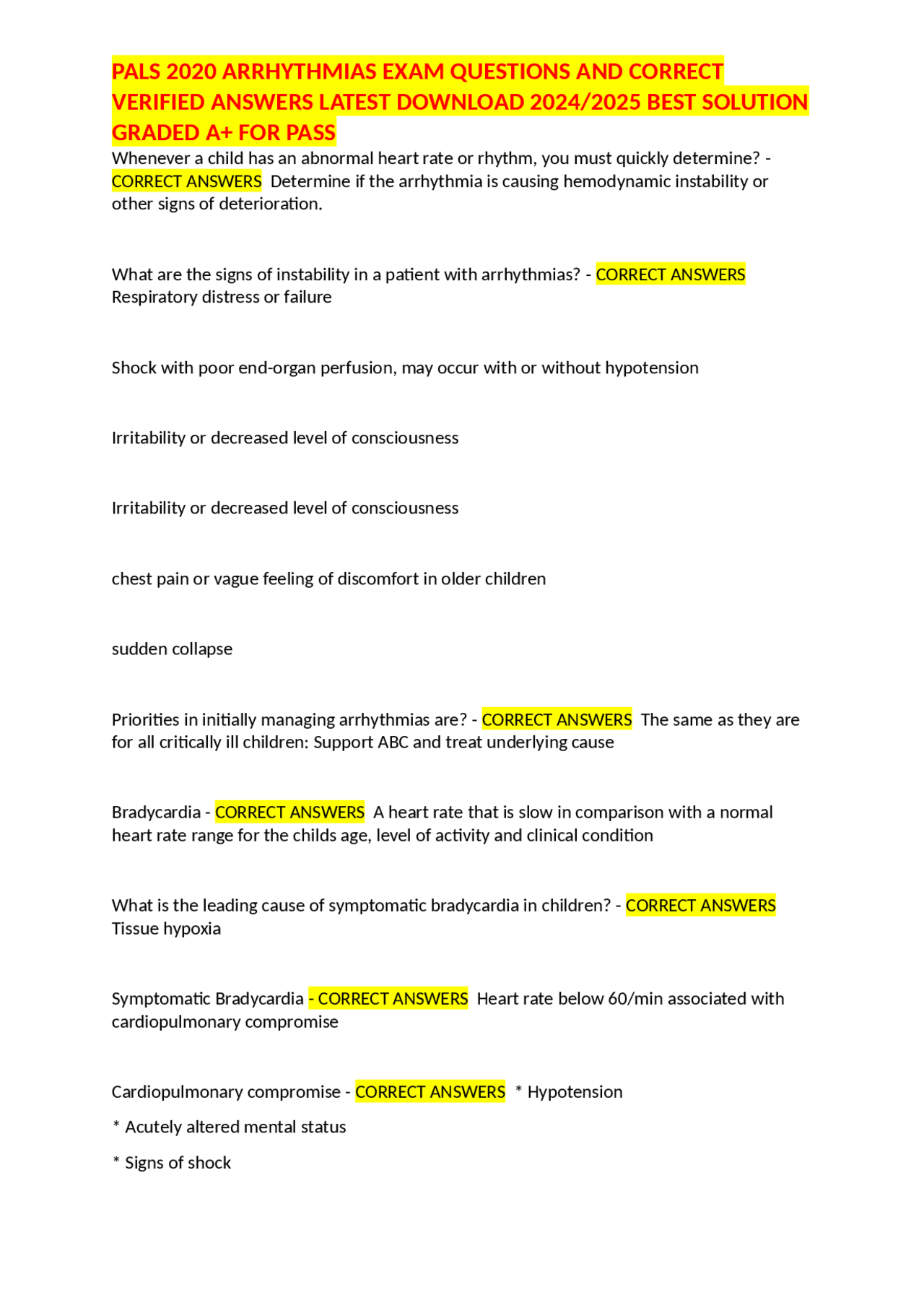 PALS 2020 ARRHYTHMIAS EXAM QUESTIONS AND CORRECT VERIFIED ANSWERS ...