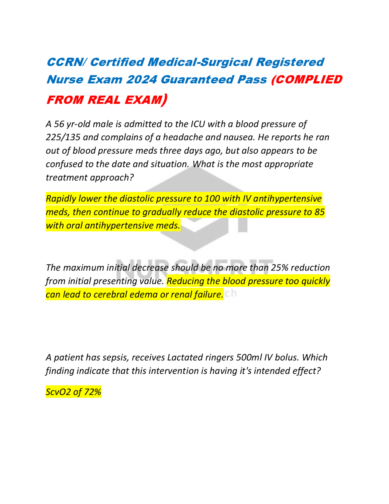 CCRN/ Certified Medical-Surgical Registered Nurse Exam 2024 Guaranteed ...