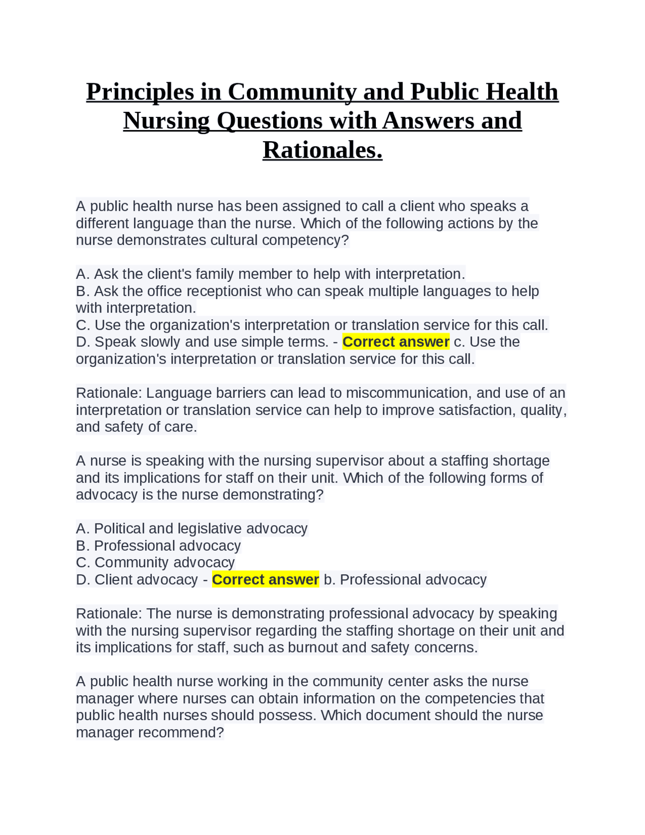 Principles of Community & Public Health Nursing: MCQs with Answers ...