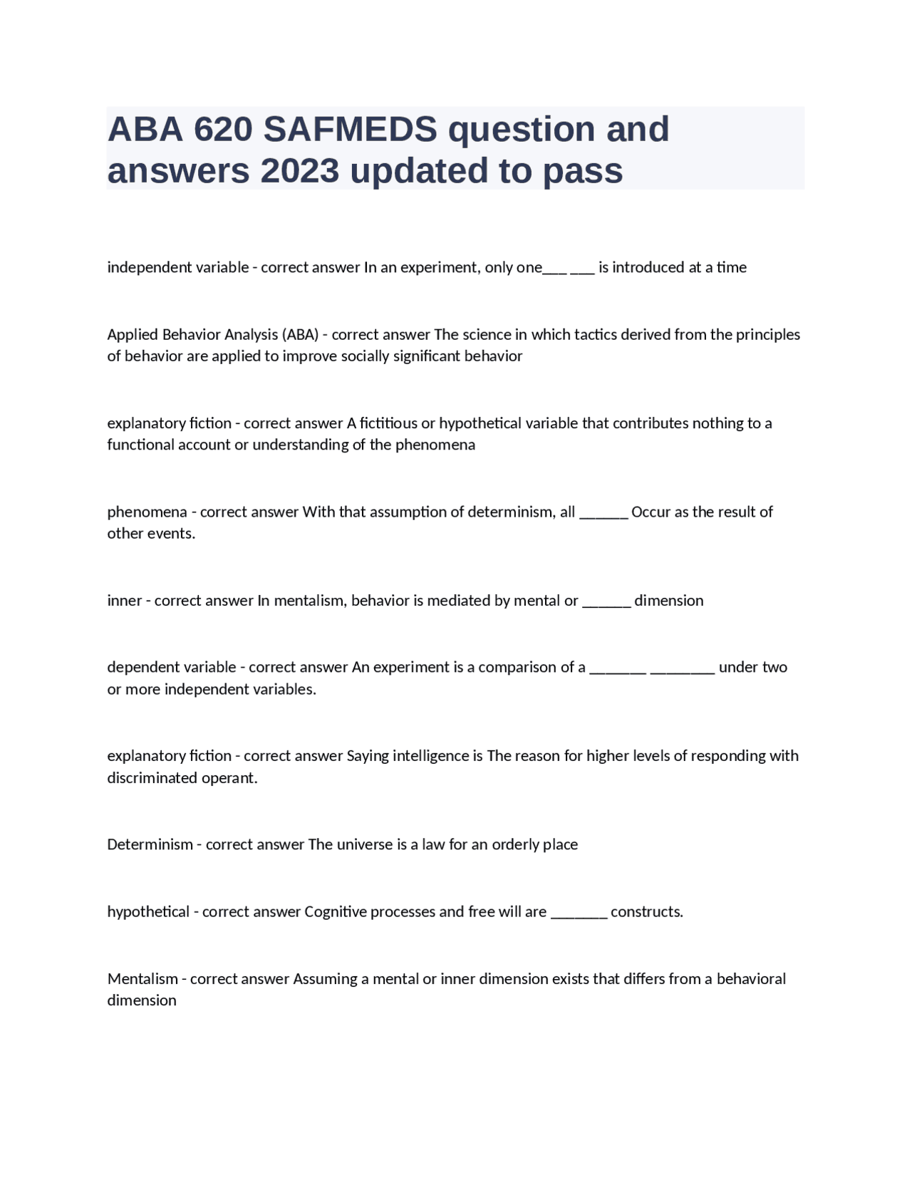 ABA 620 SAFMEDS Questions and Answers 2023 | Exams Nursing | Docsity